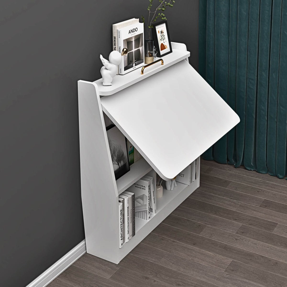 Plywood Wall Mountable Folding Down Desk with Shelves, Entryway Mudroom Storage