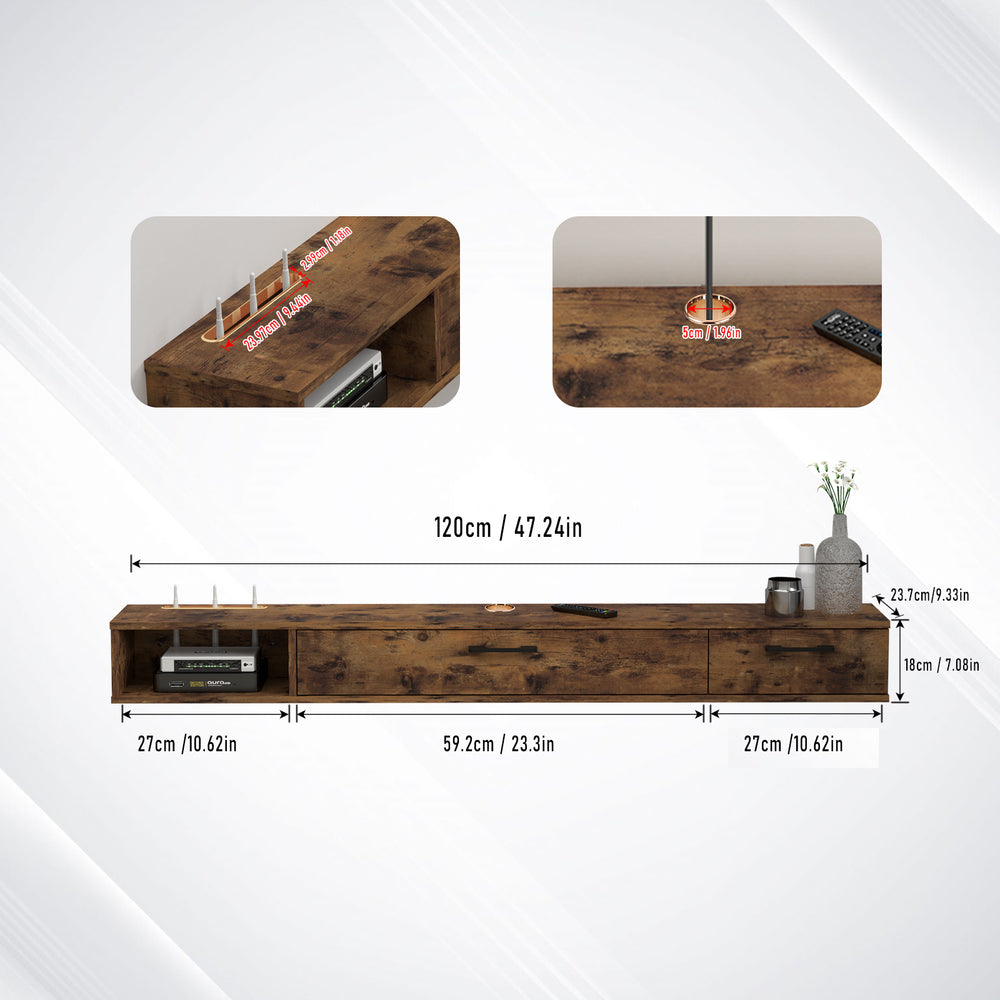 Rustic Brown Floating TV Stand Wall Shelf with Cabinets, Small Media ...