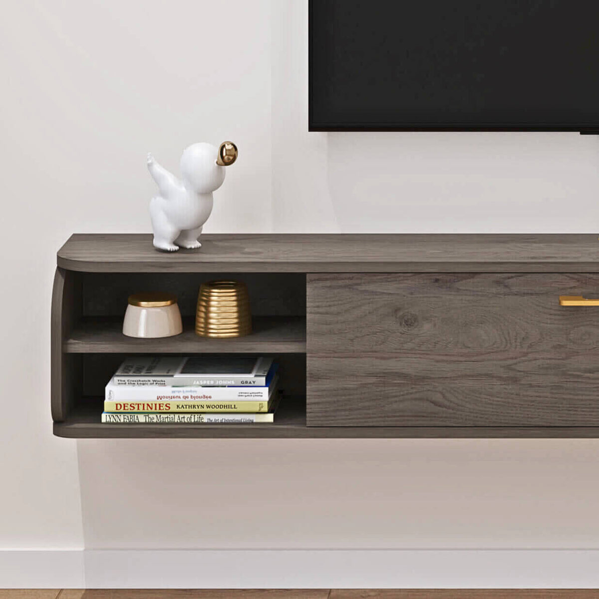 Rustic Grey Wood Floating TV Stand with Gold Accent for 55" 60" Televi