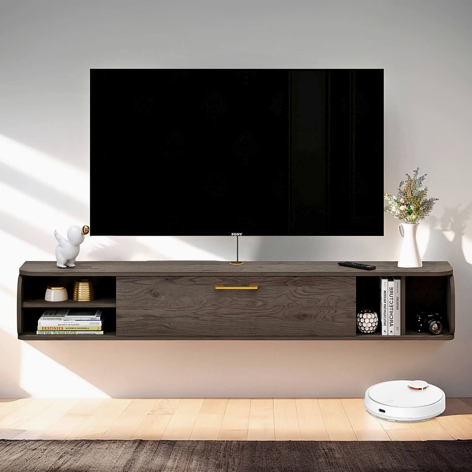 Rustic Grey Wood Floating TV Stand with Gold Accent for 55" 60" Televi