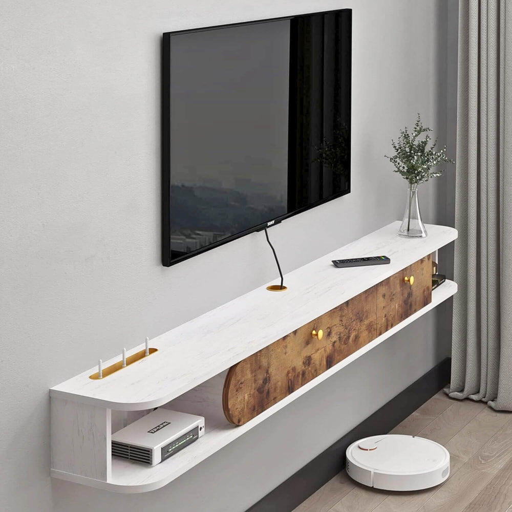 Custom Rustic Brown White Modern Floating TV Stand with Drawer