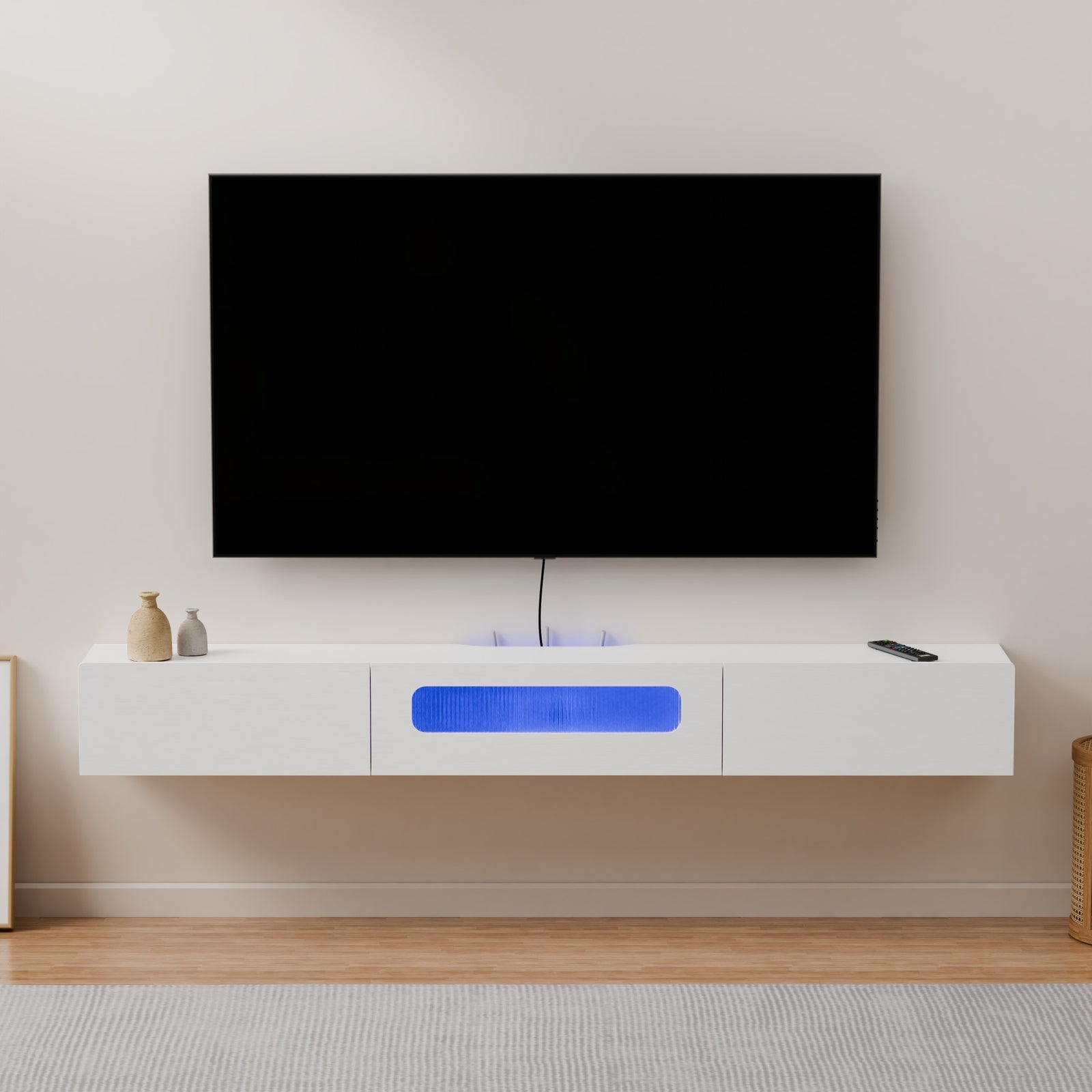 White Modern Floating TV Stand with LED Lights and Drawers for 65" TVs
