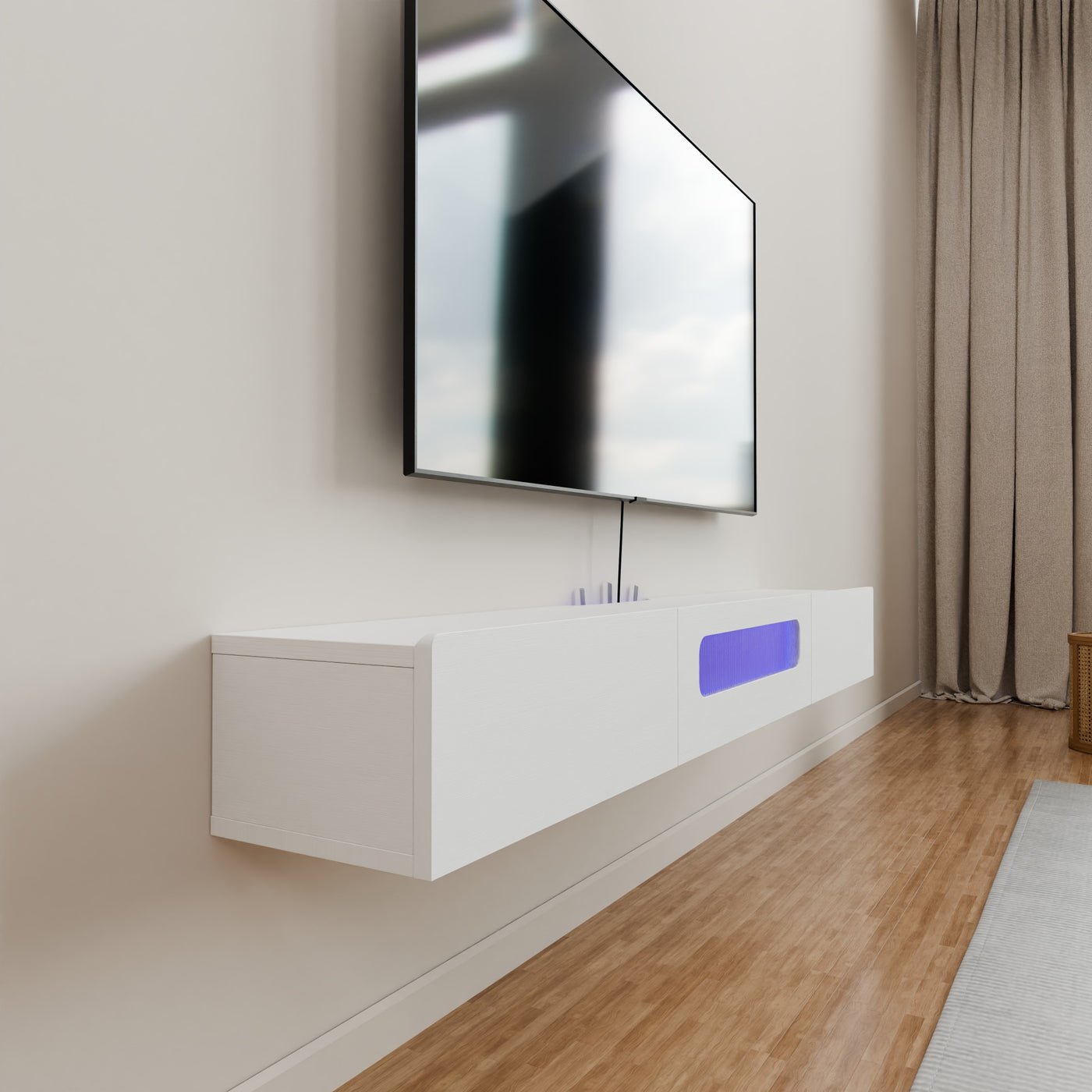 White Modern Floating TV Stand with LED Lights and Drawers for 65" TVs