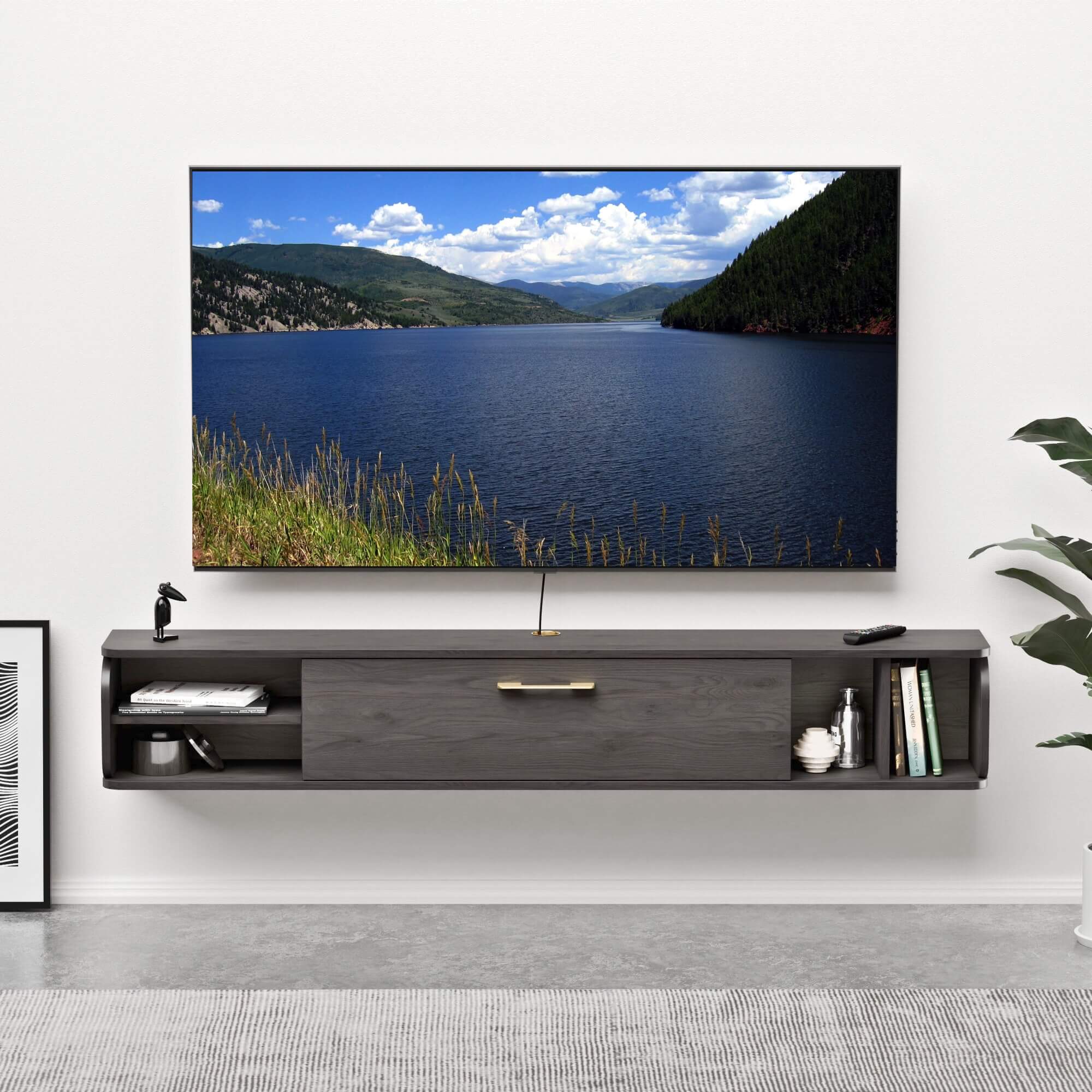 Modern Wood Floating TV Stand with Gold Accent for 70" 75" Televisions ...