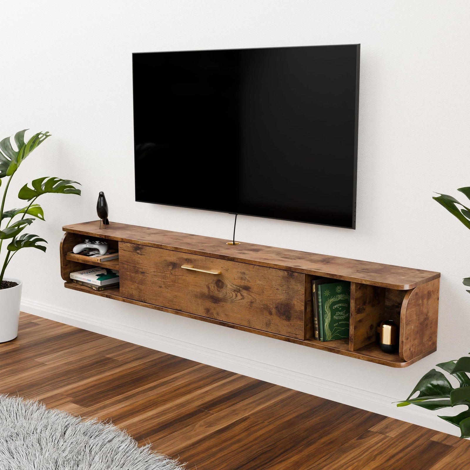 Rustic Brown Wood Floating TV Stand for 70" 75" TVs with with Gold Accent