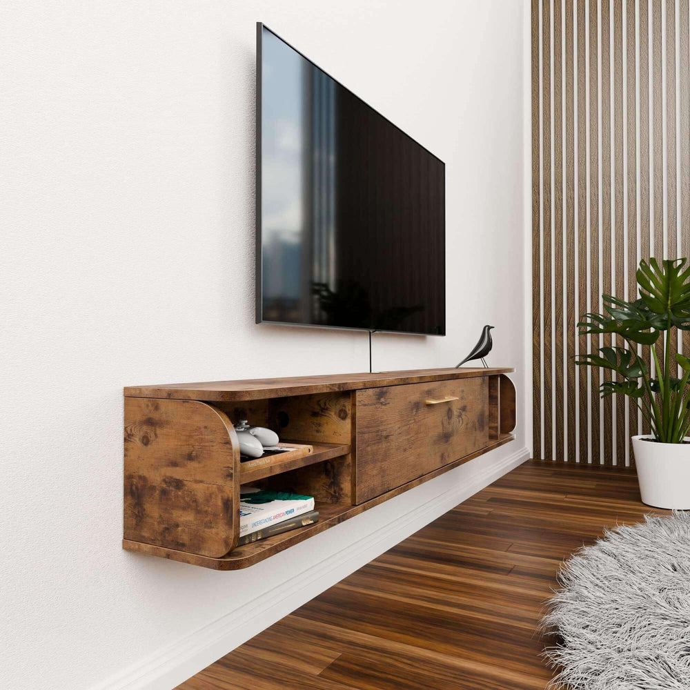 Rustic Brown Wood Floating TV Stand for 70" 75" TVs with with Gold Accent