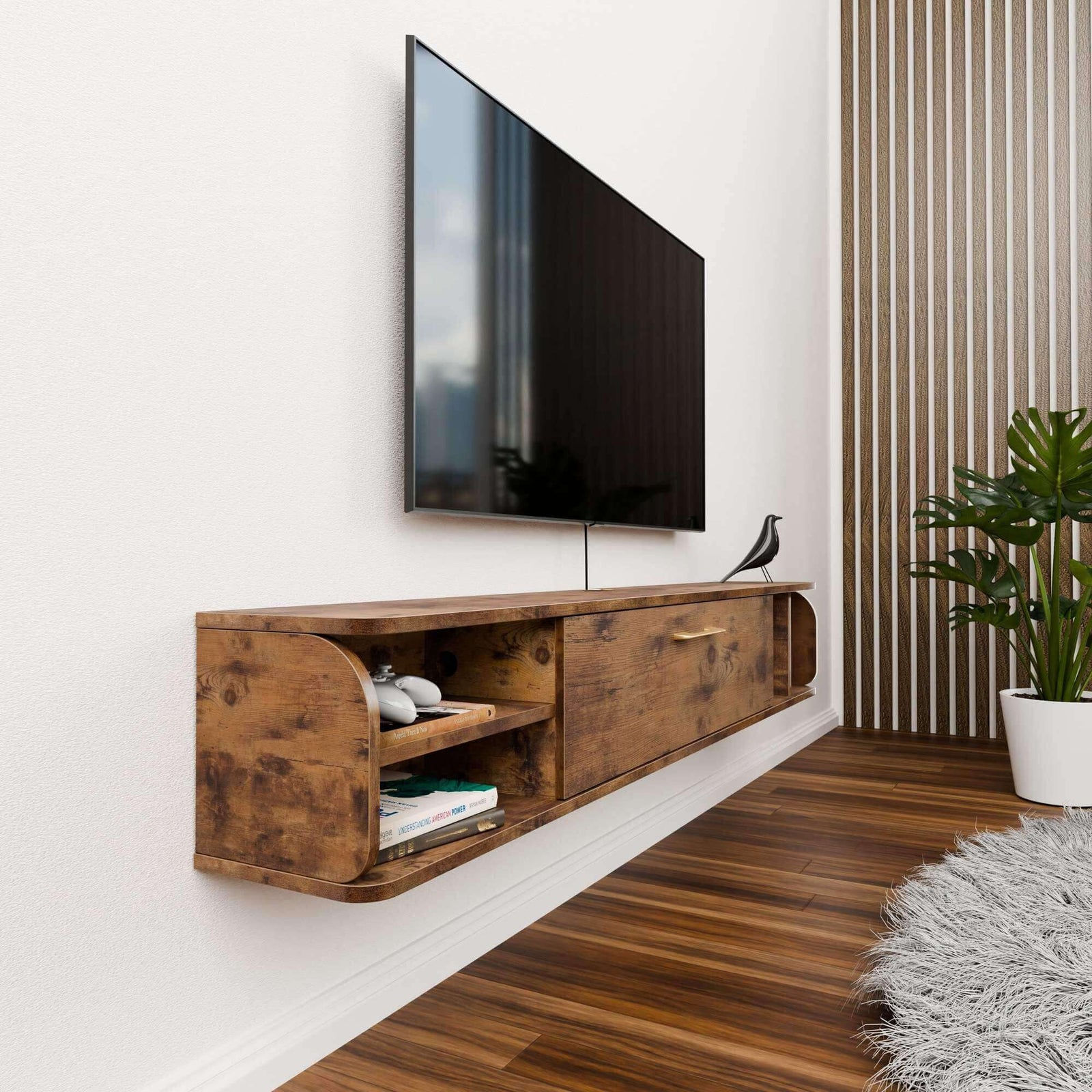 Rustic Brown Wood Floating TV Stand for 70" 75" TVs with with Gold Accent