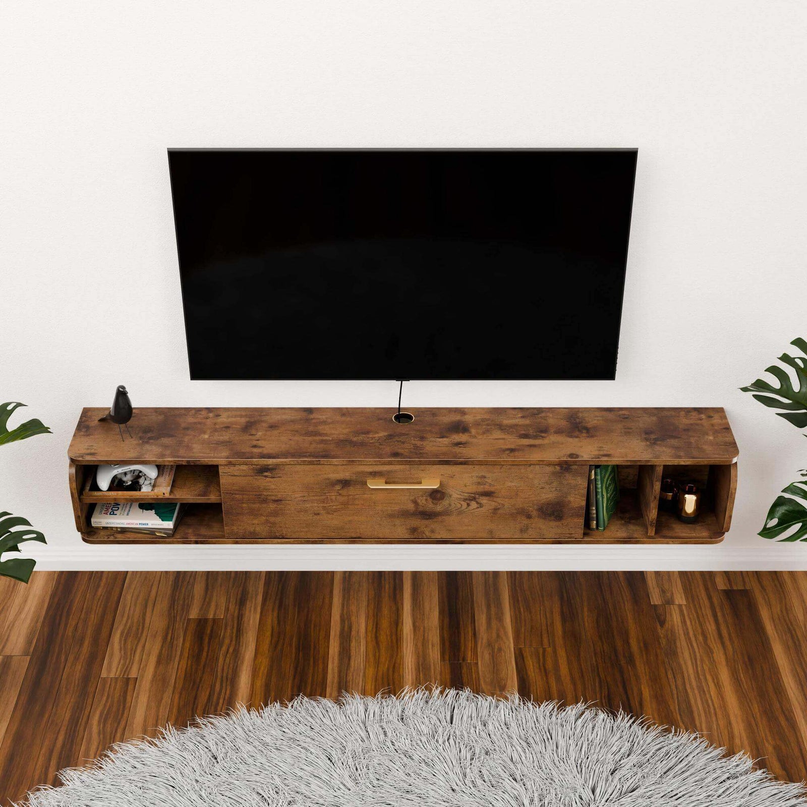 Rustic Brown Wood Floating TV Stand for 70" 75" TVs with with Gold Accent