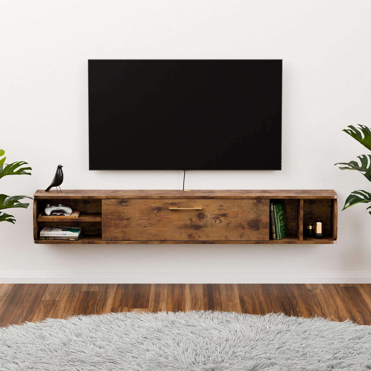 Rustic Brown Wood Floating TV Stand for 70" 75" TVs with with Gold Accent