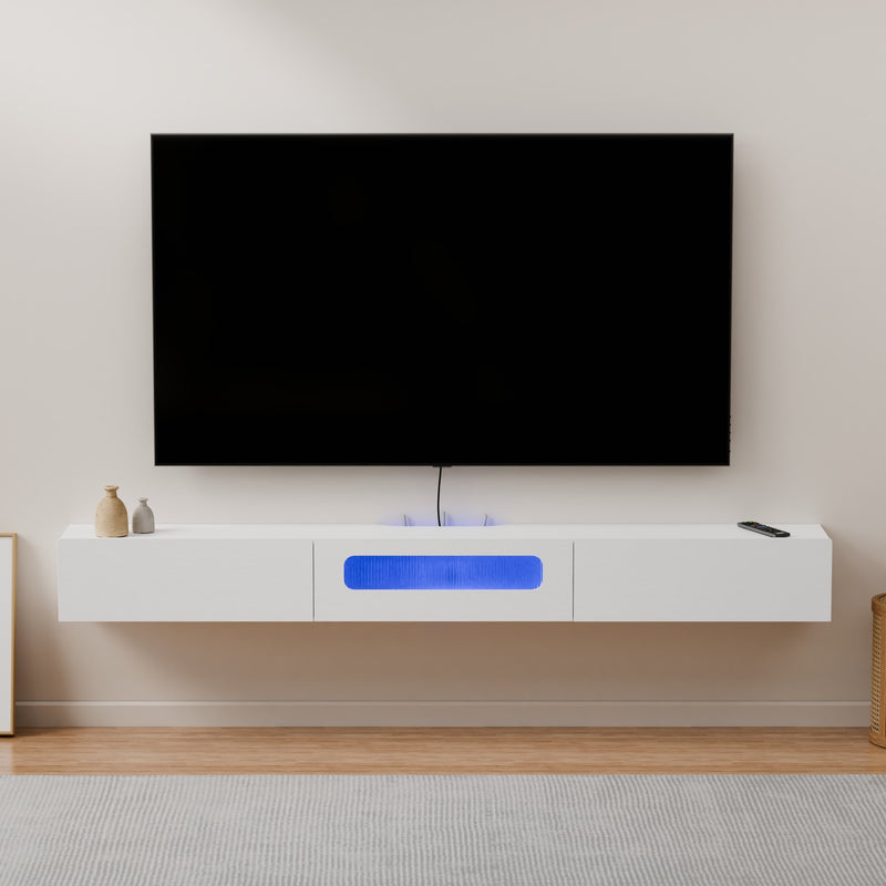White Modern Floating TV Stand with LED Lights and Drawers for 80" TVs