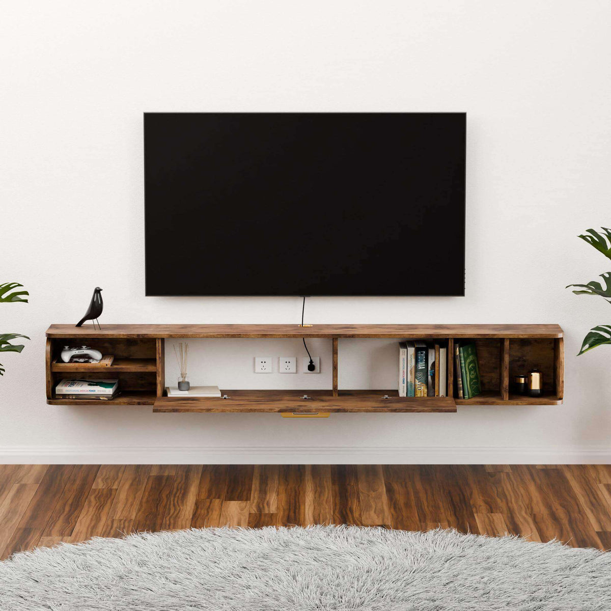 Rustic Brown Wood Floating TV Stand for 75" 80" TVs with Golden Detail