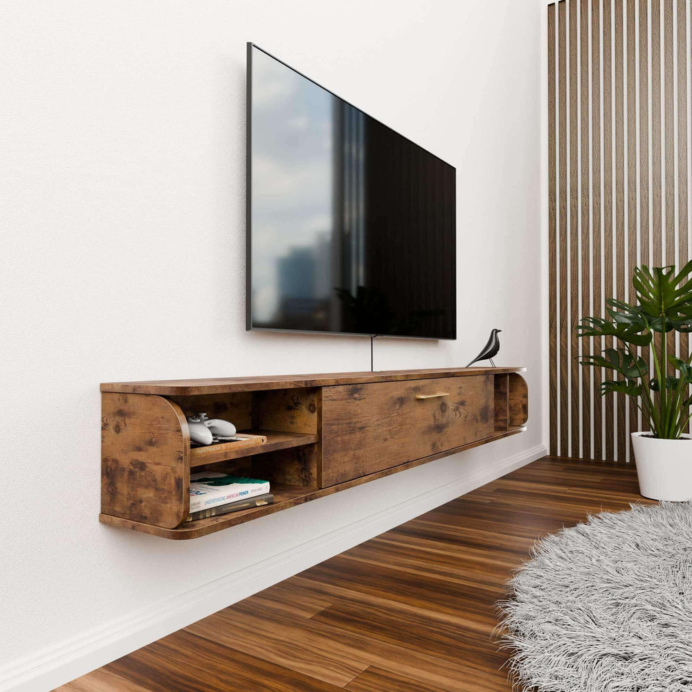 Rustic Brown Wood Floating TV Stand for 75" 80" TVs with Golden Detail