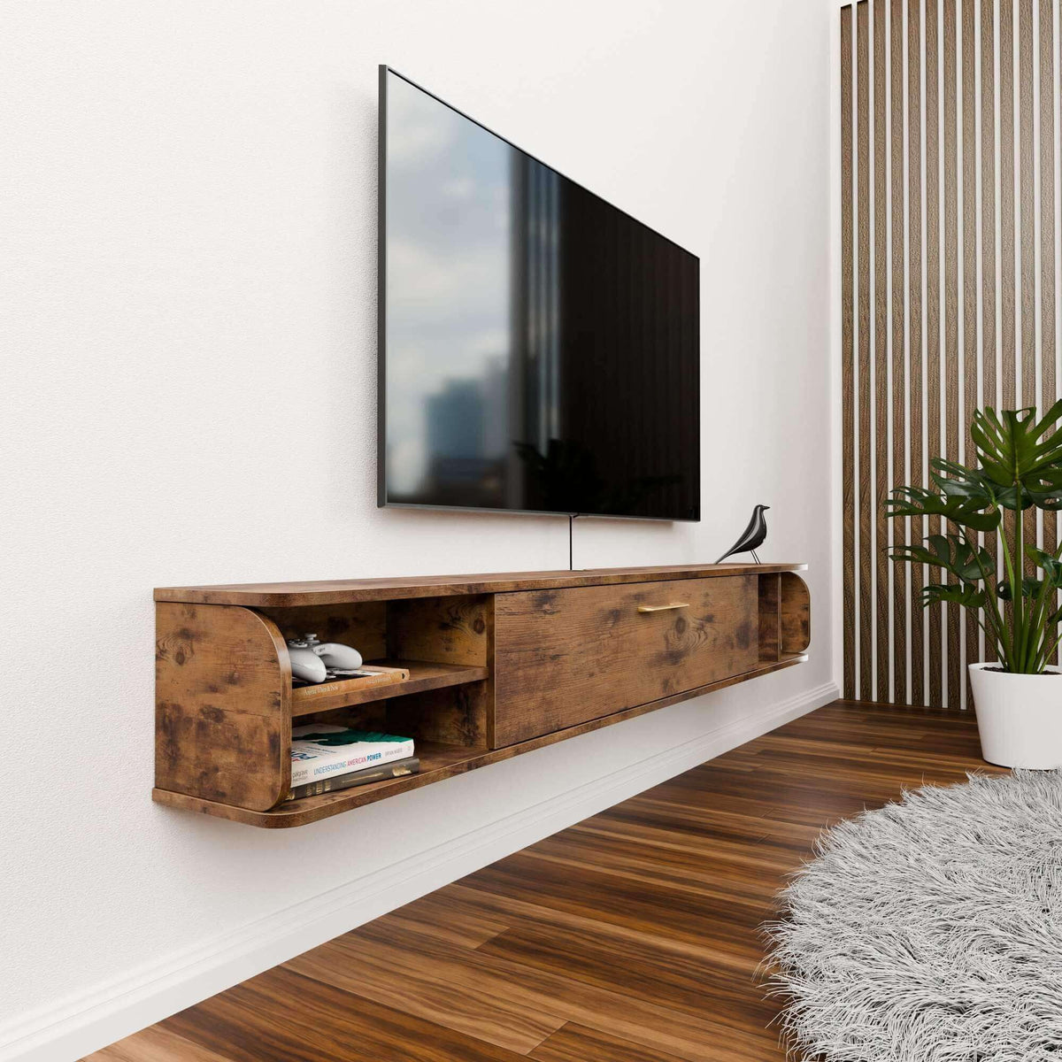 Rustic Brown Wood Floating TV Stand for 75" 80" TVs with Golden Detail