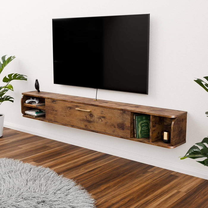 Rustic Brown Wood Floating TV Stand for 75" 80" TVs with Golden Detail
