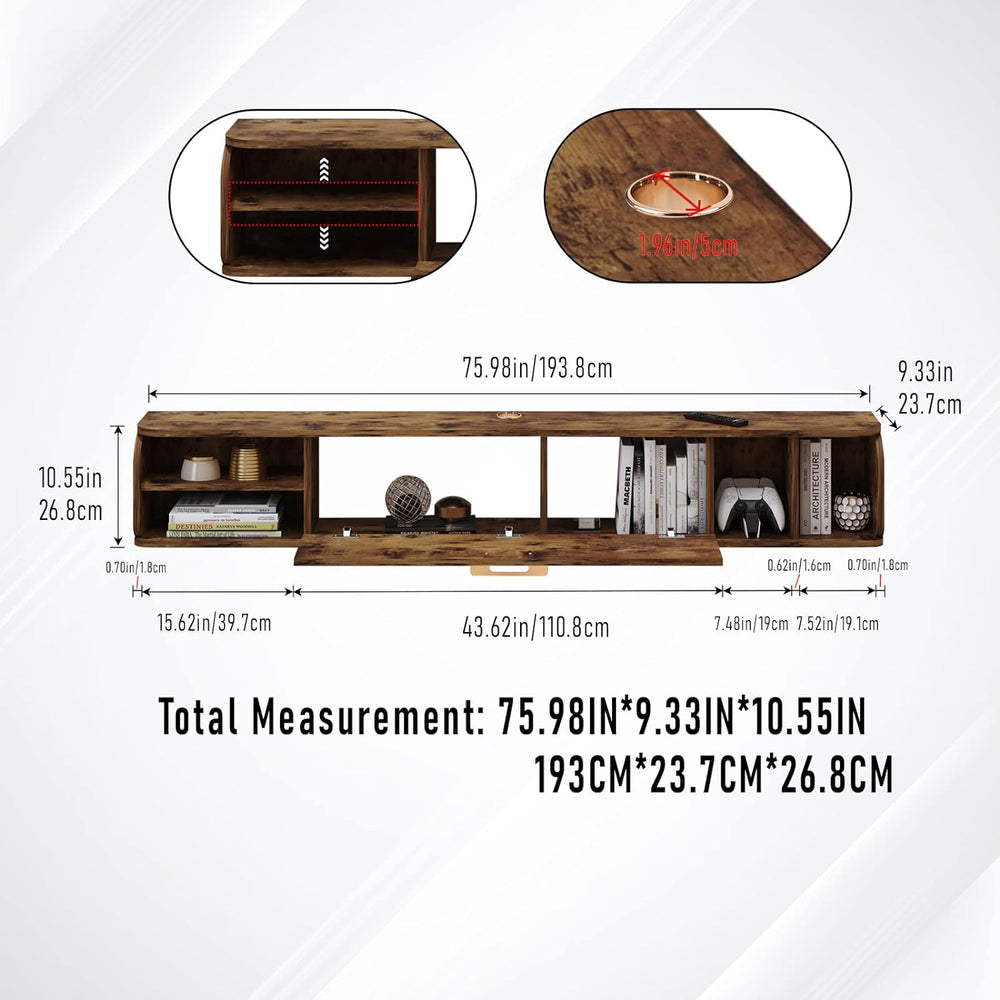 Rustic Brown Wood Floating TV Stand for 75" 80" TVs with Golden Detail
