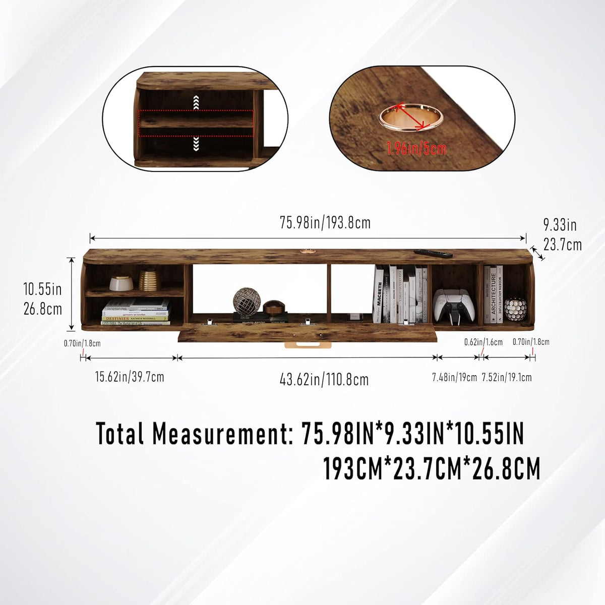 Rustic Brown Wood Floating TV Stand for 75" 80" TVs with Golden Detail
