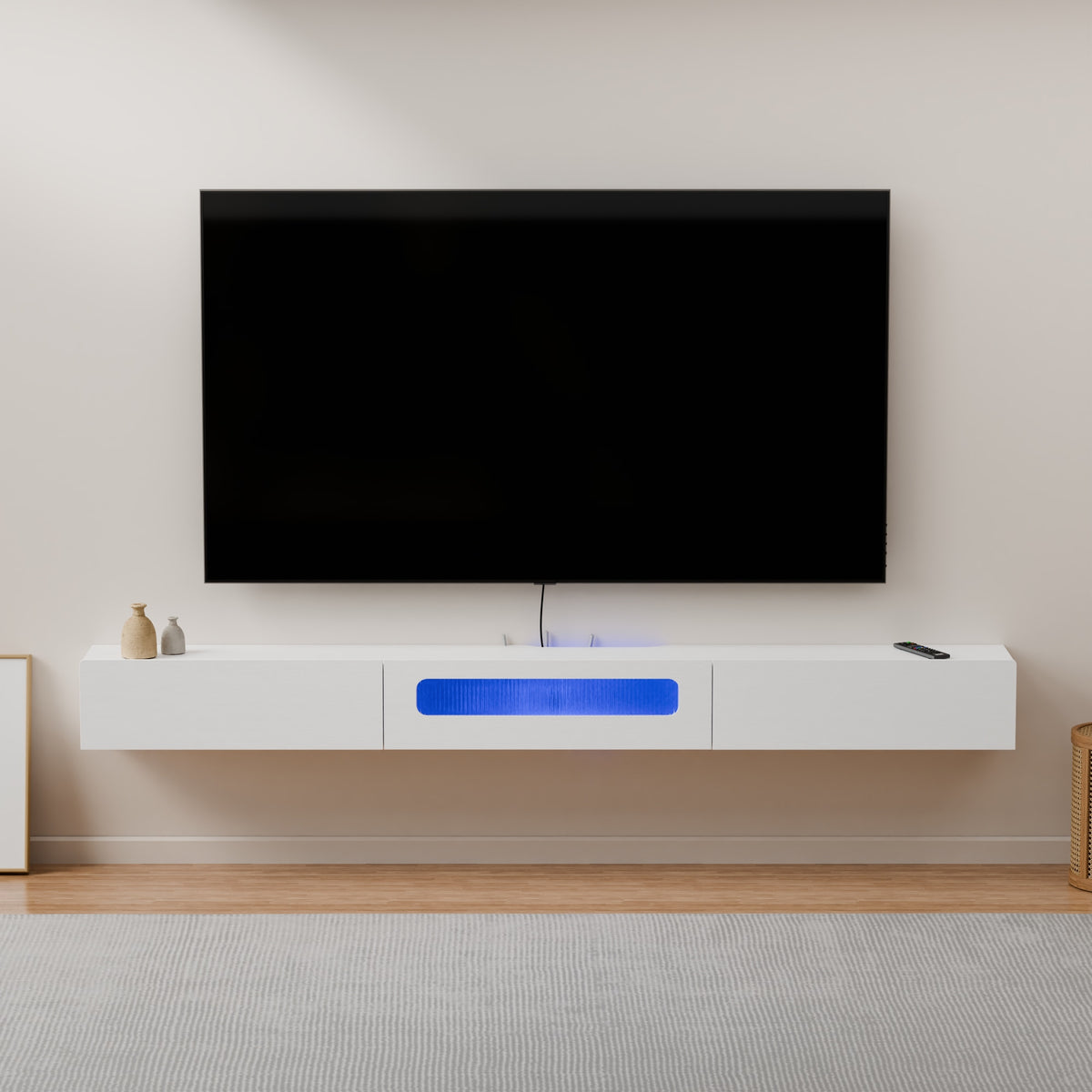 White Modern Floating TV Stand with LED Lights and Drawers for 85" TVs