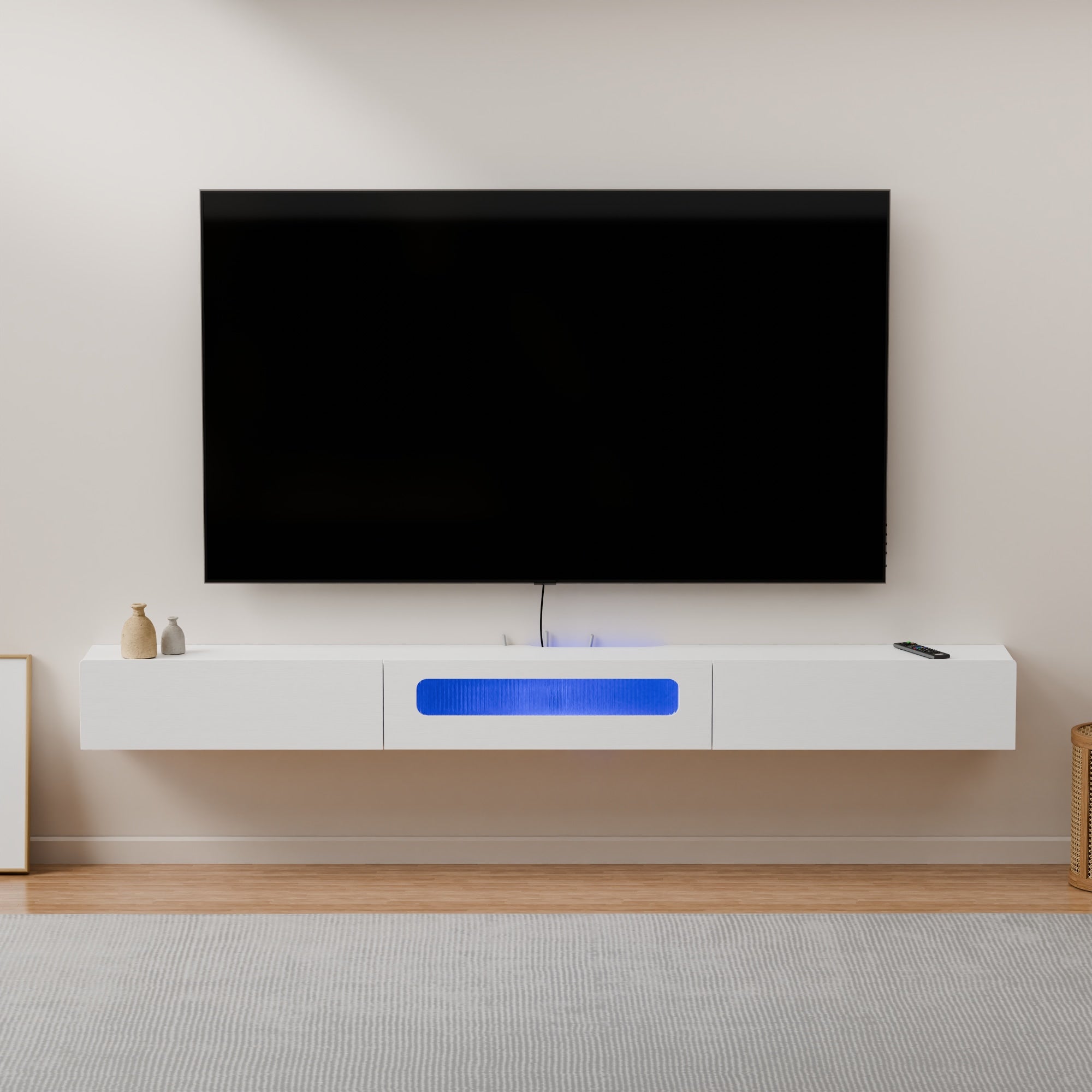 Narrow Floating TV Stand for 85 TV with Drawer Glass Door Plywood Wall Mounted Media Console White