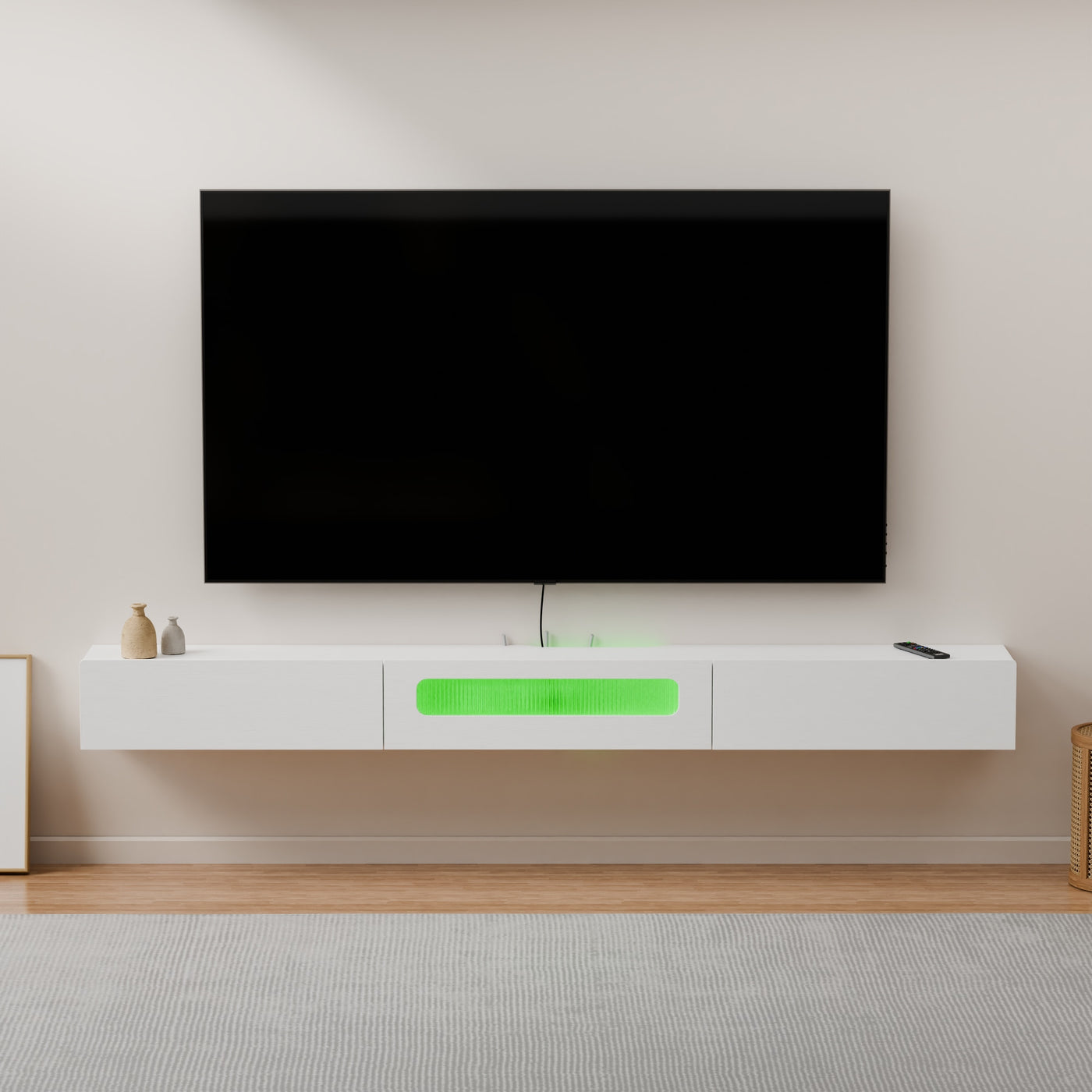 White Modern Floating TV Stand with LED Lights and Drawers for 85" TVs