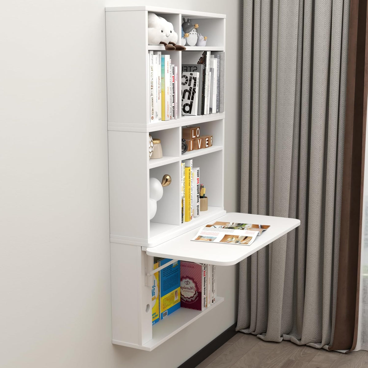 White Wood Wall Mounted Fold Down Desk with Bookshelves for Home Office