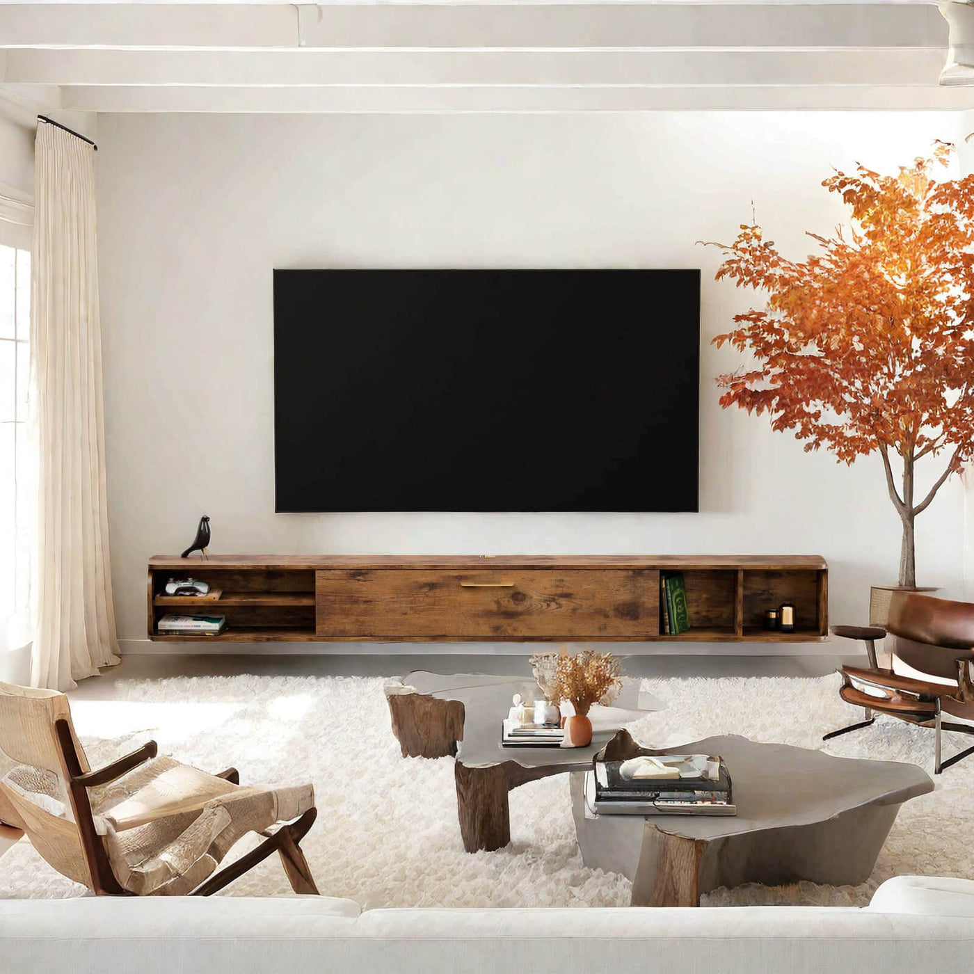 Rustic Brown Wood Floating TV Stand Shelf with Gold Accent for 90" TVs