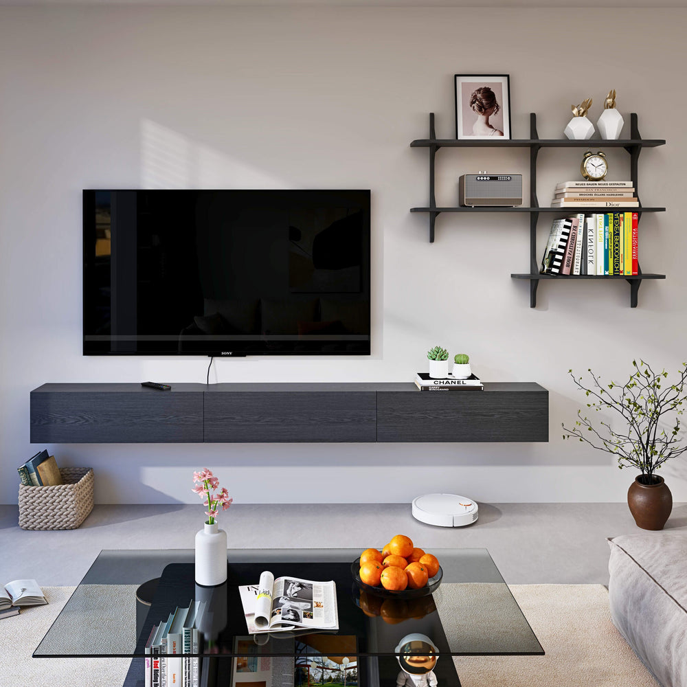 94" Black Modular Floating TV Console & Shelf for 75-85“ TV
