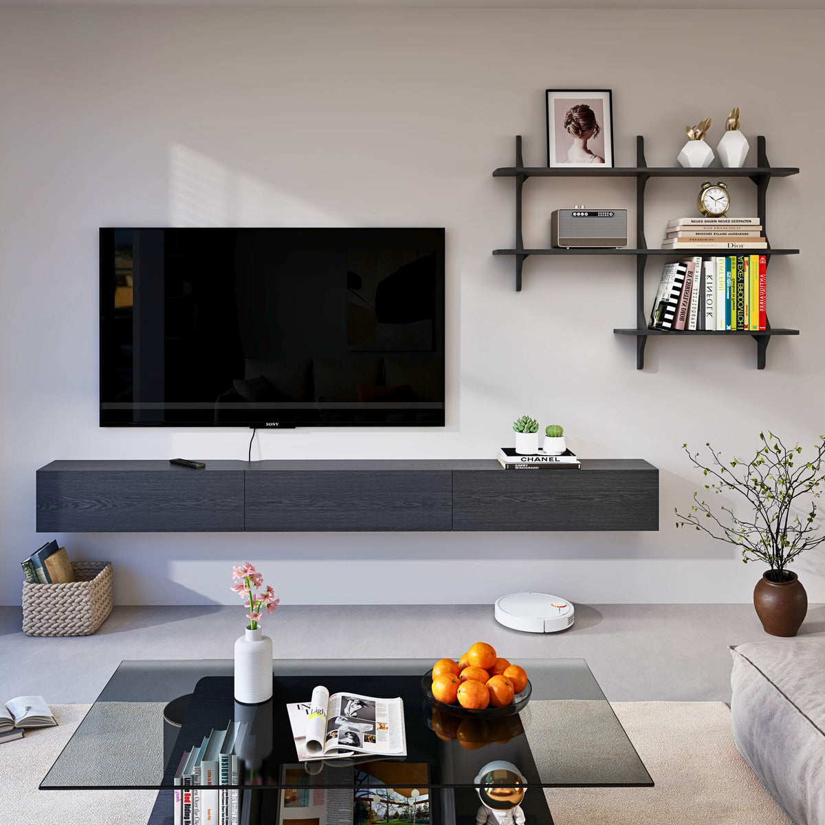 94" Black Modular Floating TV Console & Shelf for 75-85“ TV