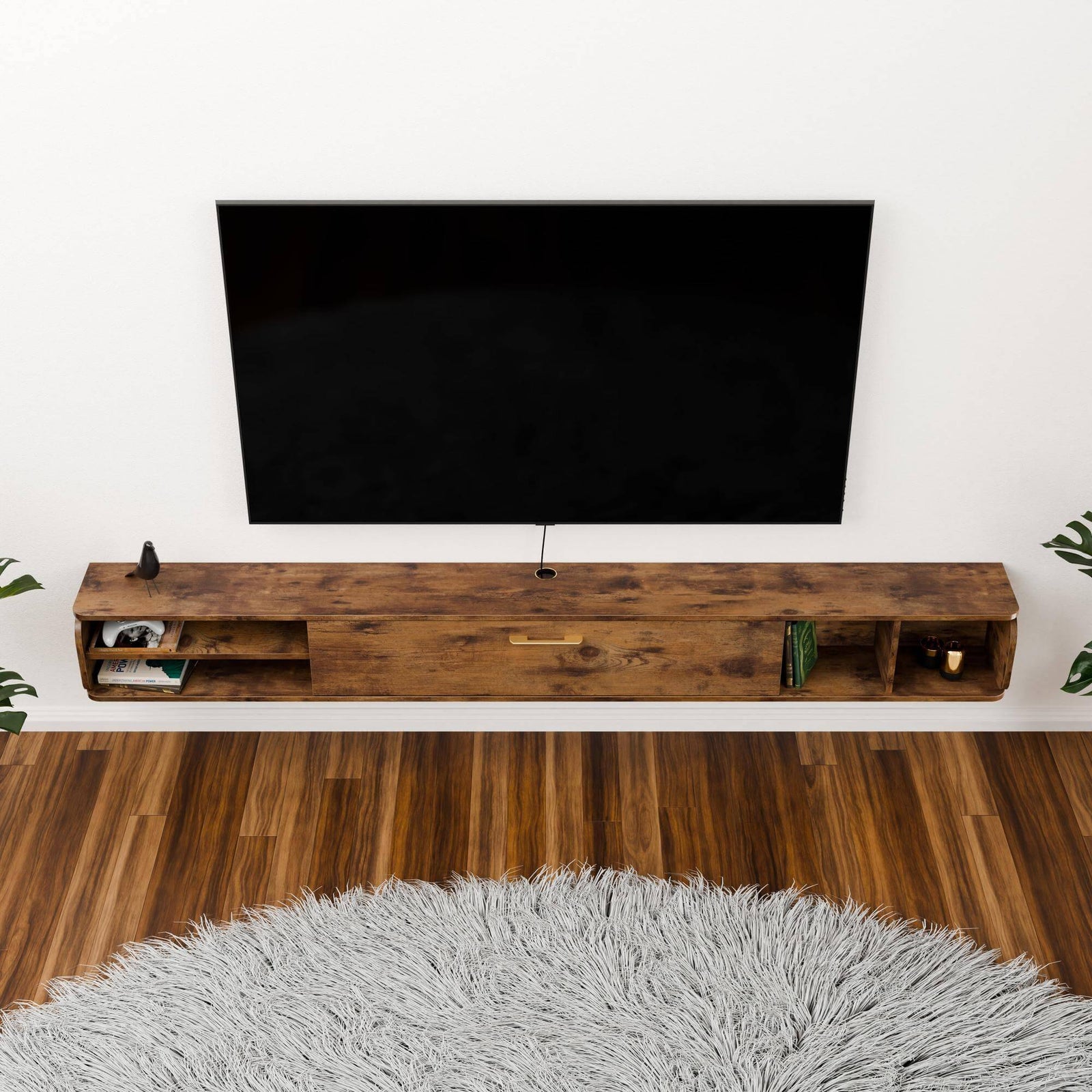 Rustic Brown Wood Floating TV Stand Shelf with Gold Accent for 90" TVs