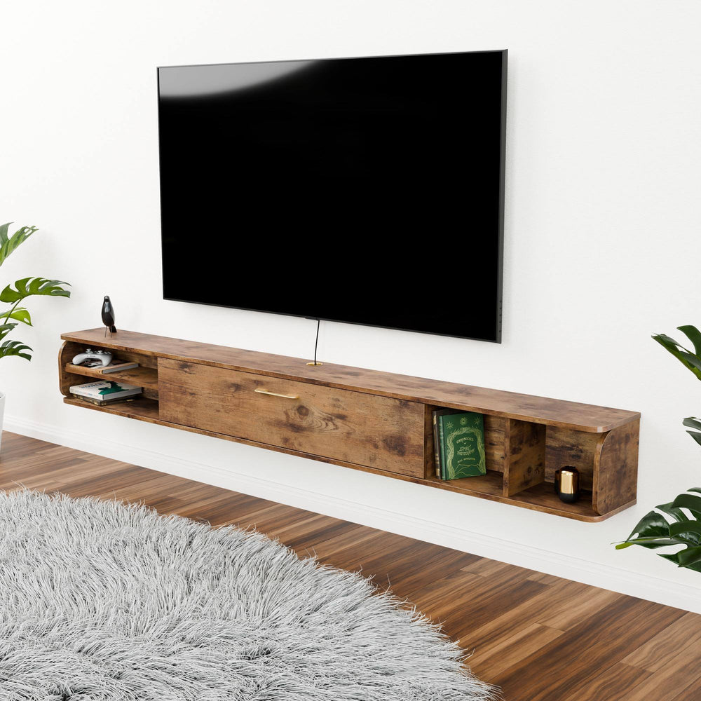Rustic Brown Wood Floating TV Stand Shelf with Gold Accent for 90" TVs