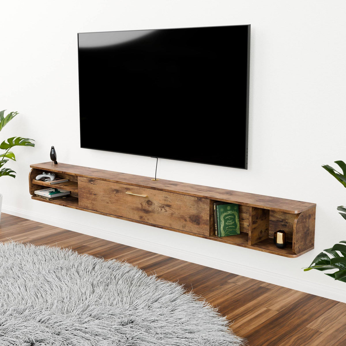 Rustic Brown Wood Floating TV Stand Shelf with Gold Accent for 90" TVs