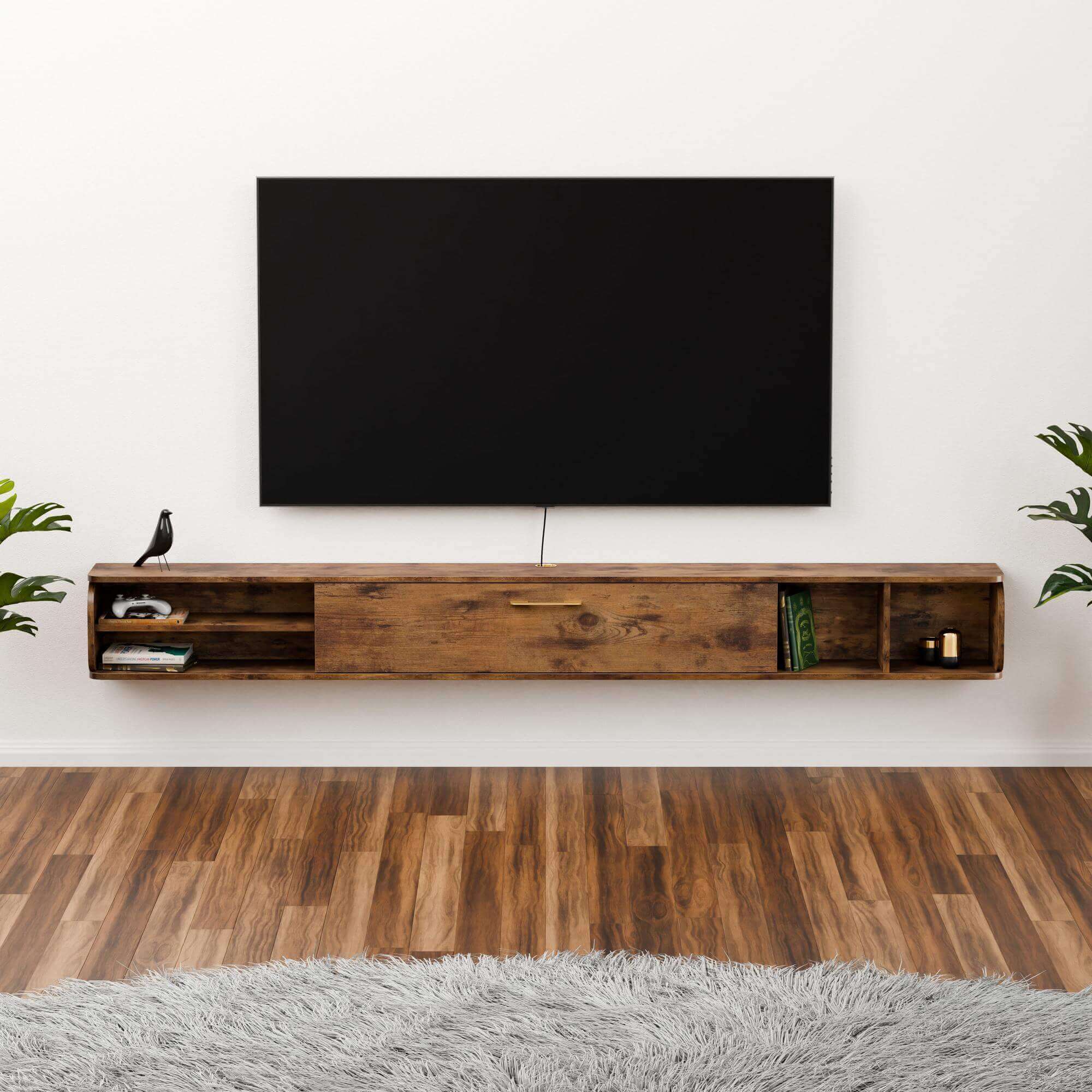 Rustic Brown Wood Floating TV Stand Shelf with Gold Accent for 90" TVs