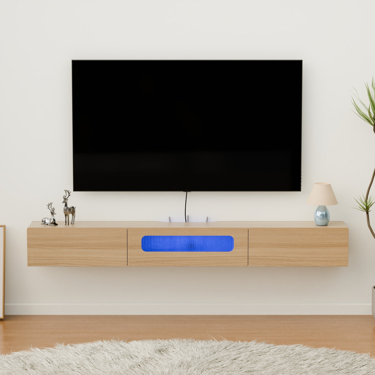 Modern Wood Floating TV Standwith LED Lights and Drawers for 65" TVs