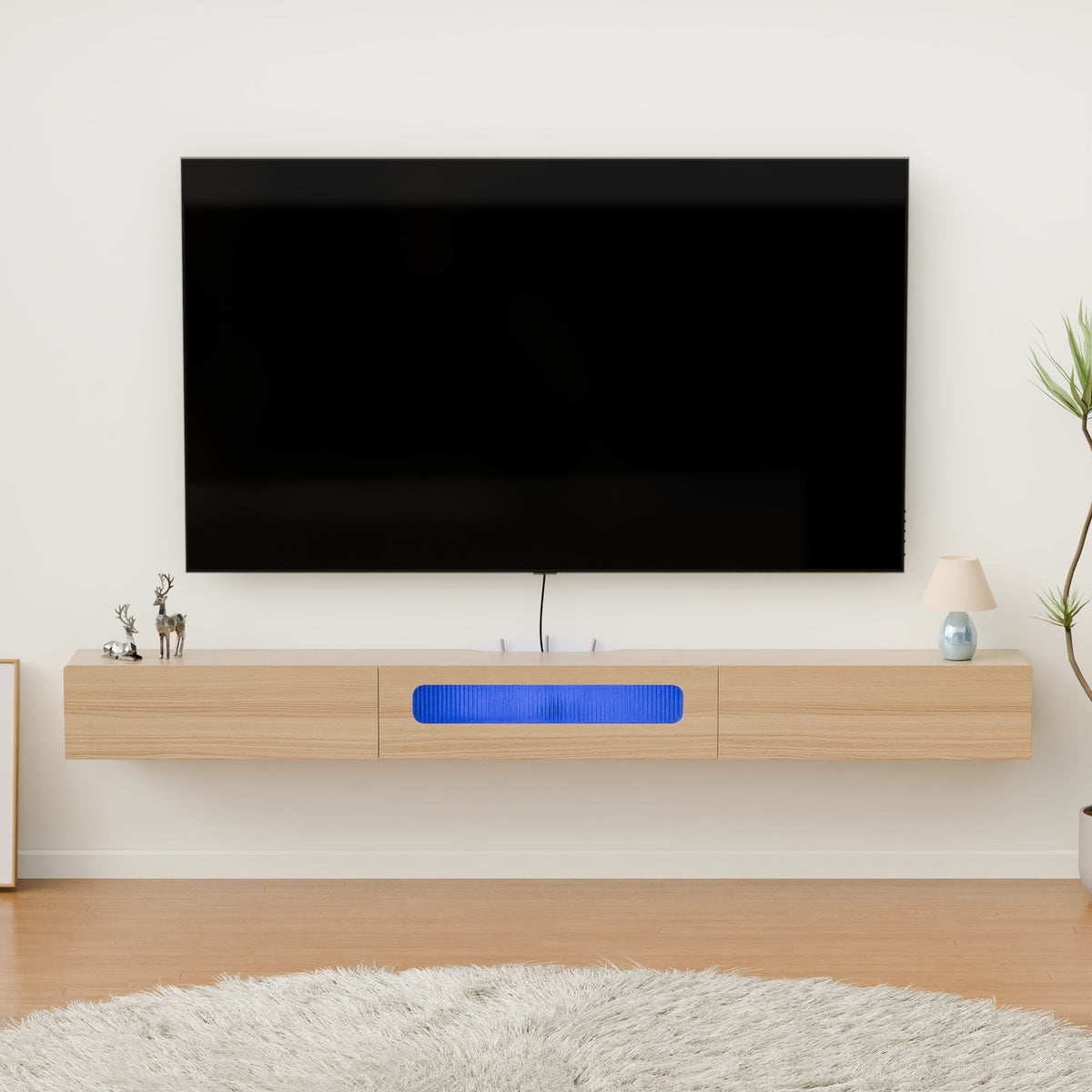 Modern Wood Floating TV Stand with LED Lights and Drawers for 85" TVs