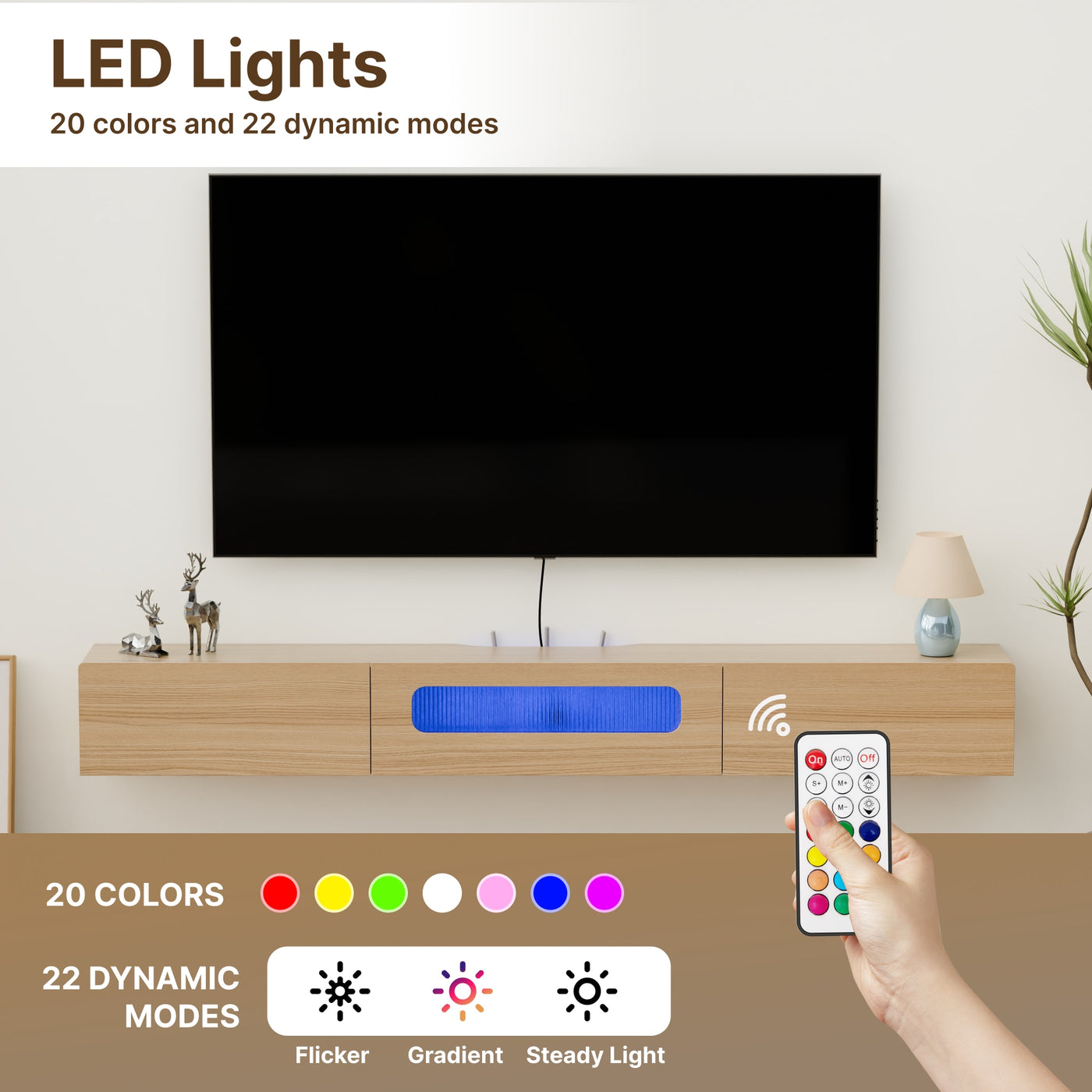 Modern Wood Floating TV Standwith LED Lights and Drawers for 65" TVs