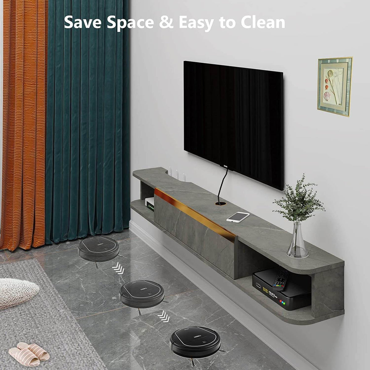 70" Slendera Floating TV Stand, Marble Grey