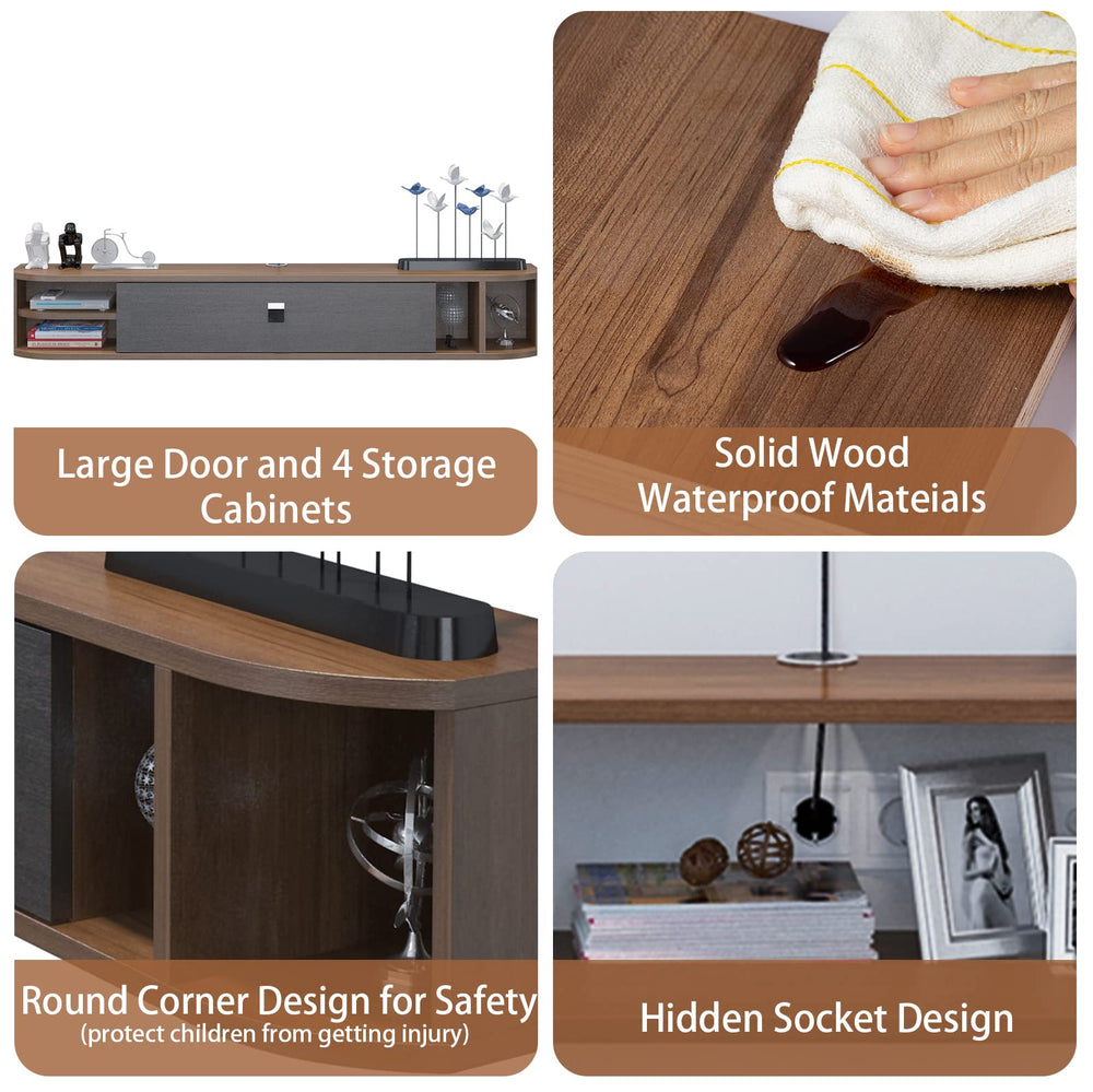 Walnut Modern Wood Floating TV Stand with Cubbies for 65" 70" TVs