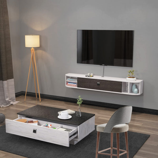 Off White Plywood Floating TV Shelf with Storage Cubbies for 75" 80"