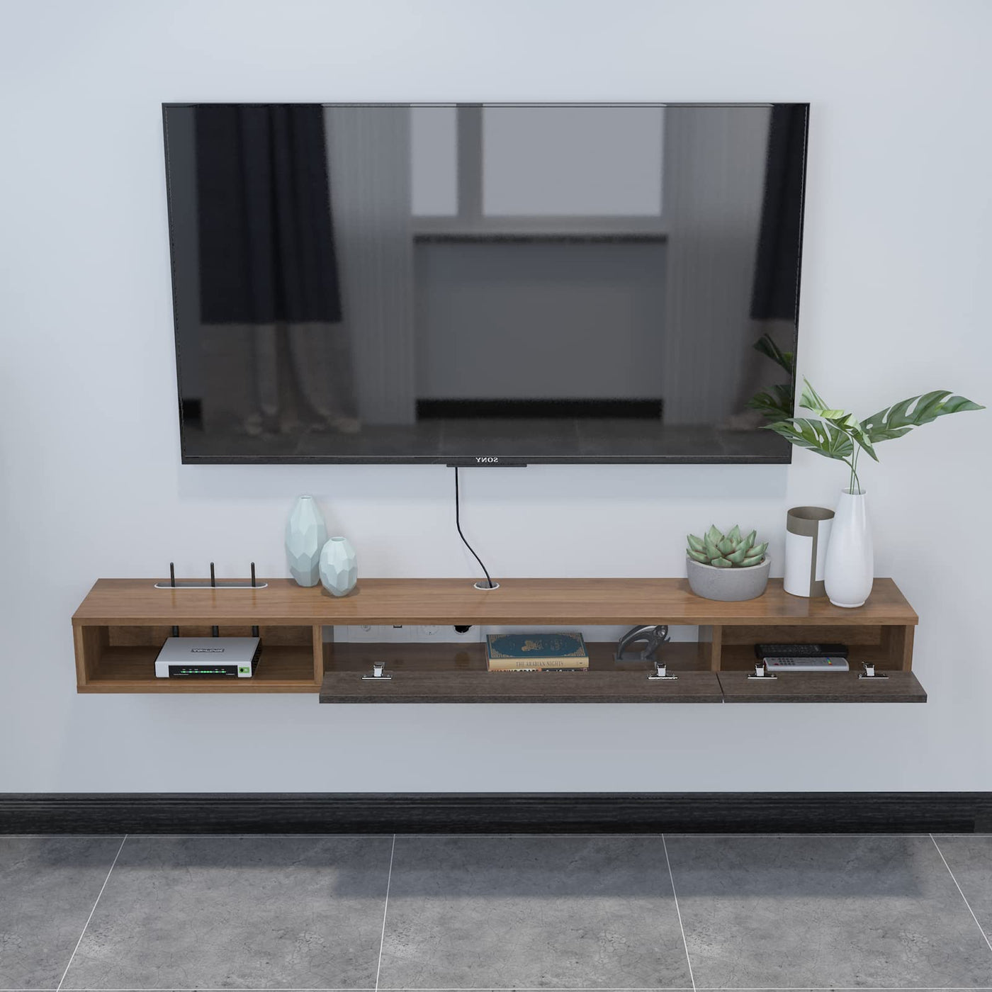 Narrow Floating TV Stand Wall Shelf, Small Media Console with Storage