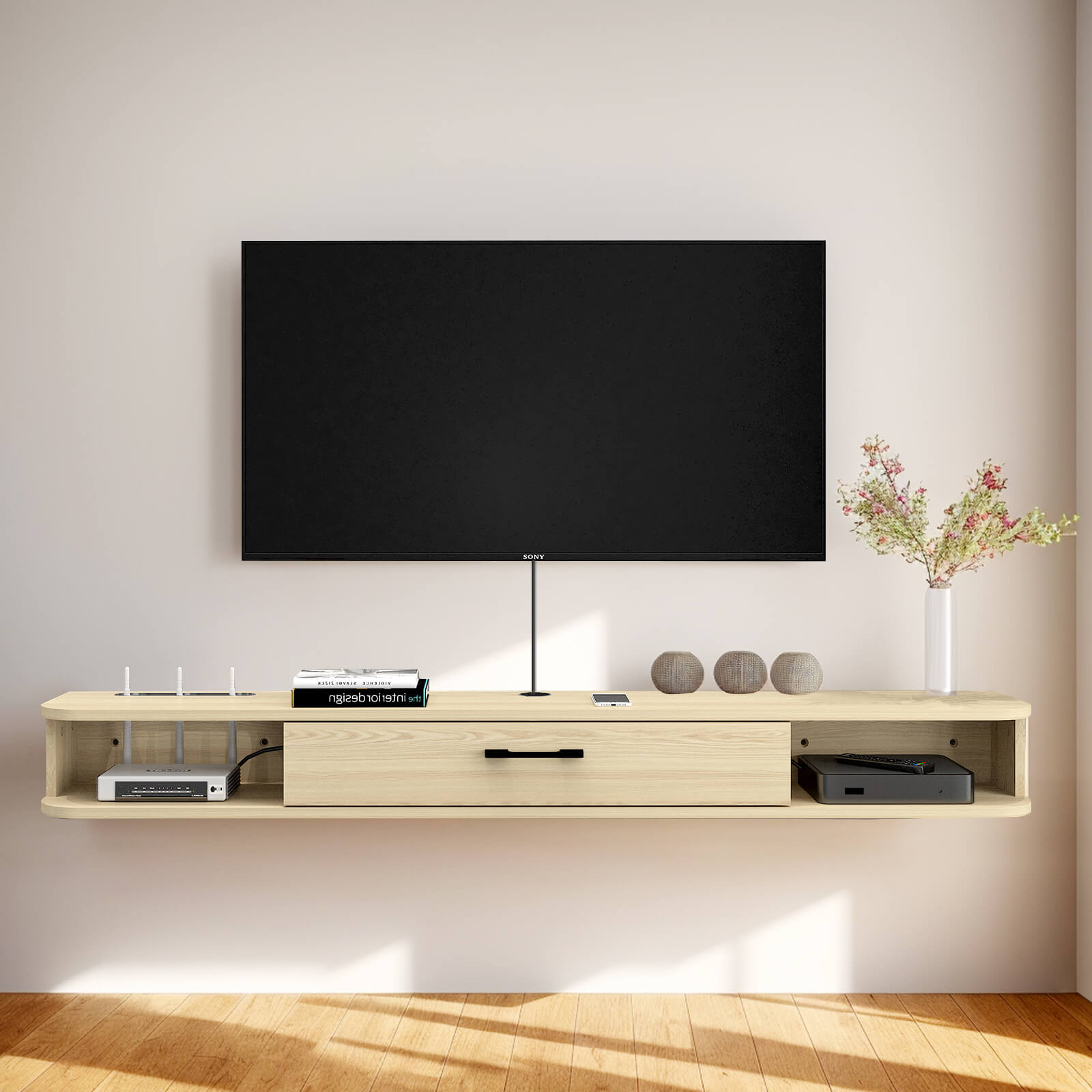 Small Floating TV Stand Wall Shelf with Storage, Space Saving ...