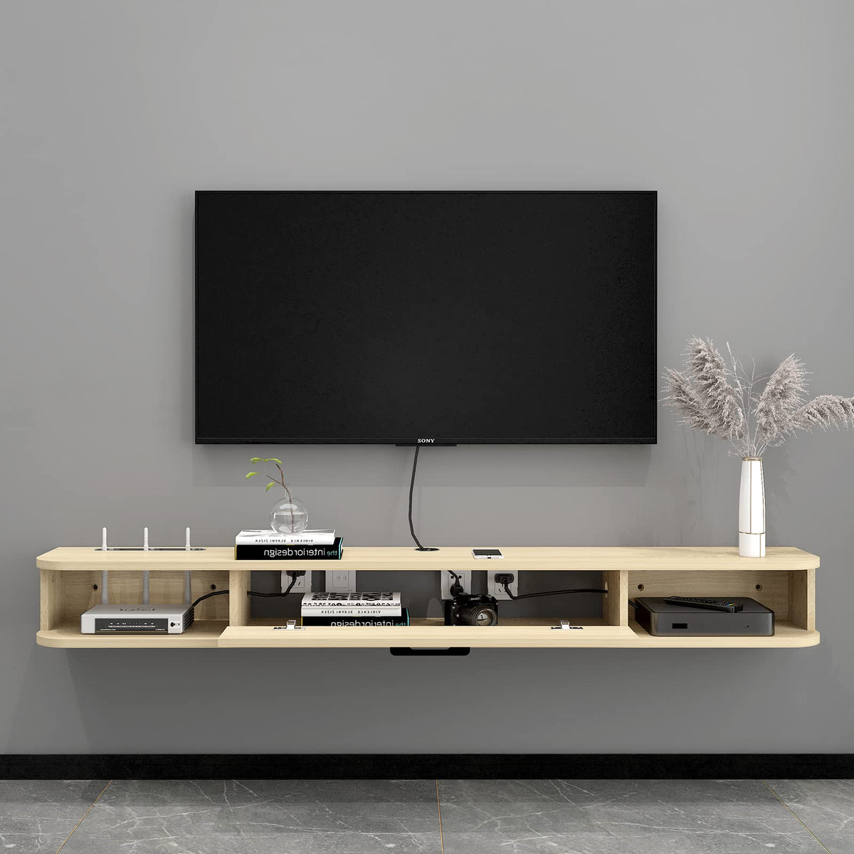Slim Plywood Floating TV Stand Shelf Entertainment Unit for 85" Televisions