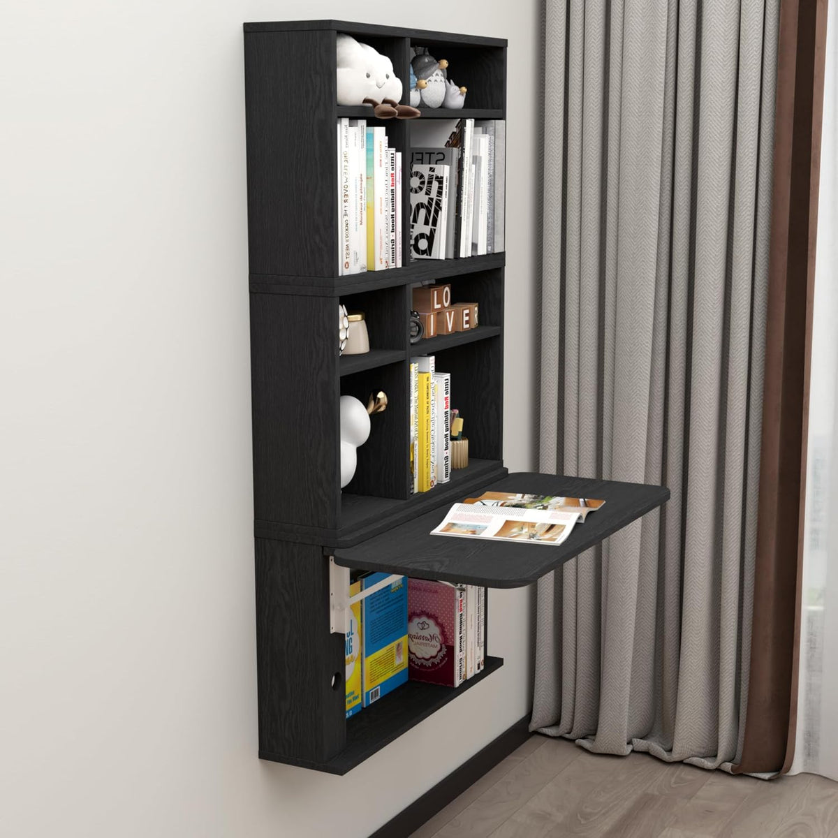 Black Wood Wall Mounted Fold Down Desk with Bookshelves for Home Office