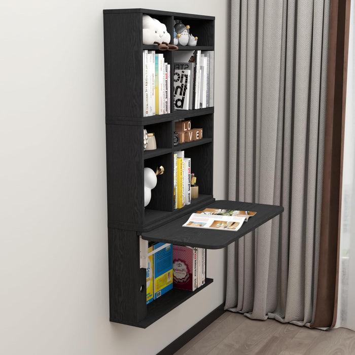 Black Wood Wall Mounted Fold Down Desk with Bookshelves for Home Office