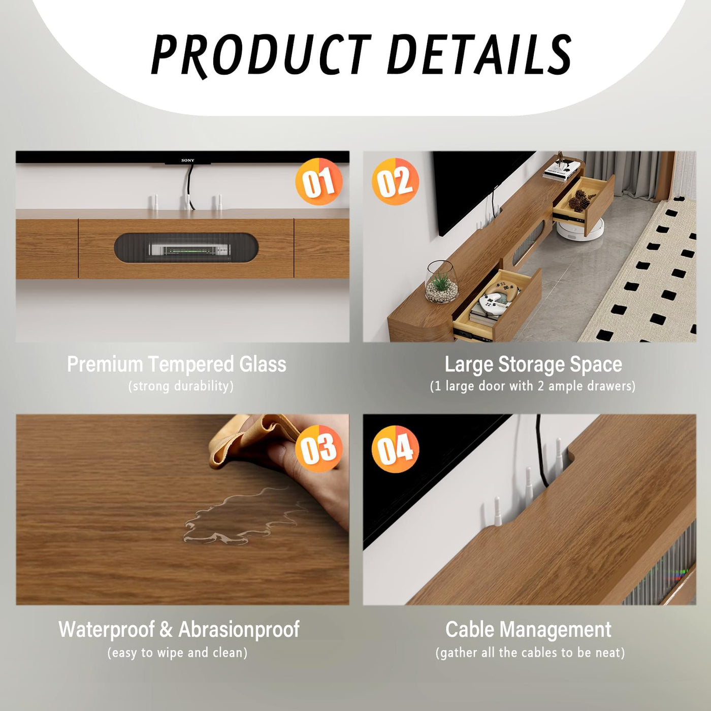 Walnut Narrow Modern Solid Wood Floating TV Stand for 80" TV