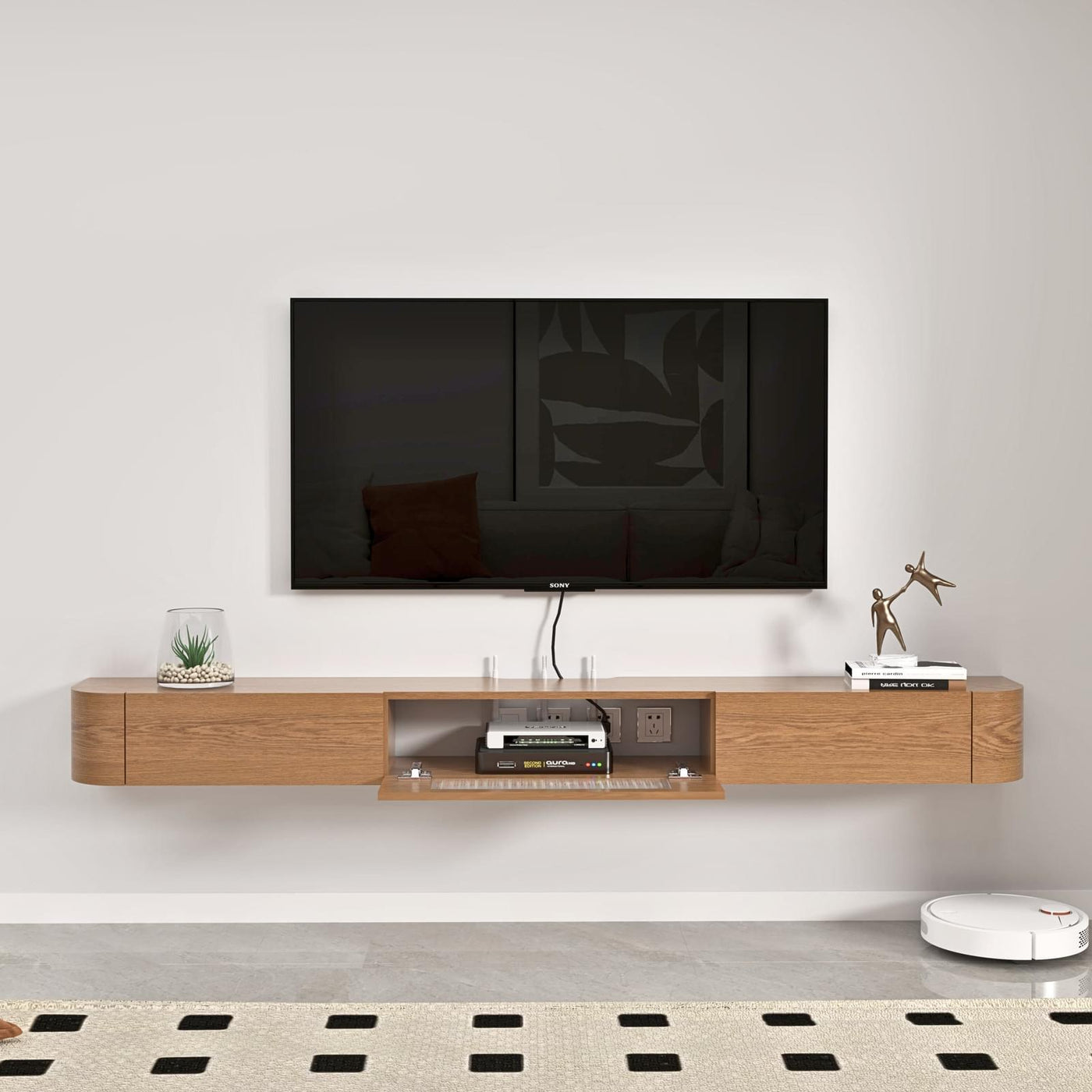 Walnut Narrow Modern Solid Wood Floating TV Stand for 80" TV