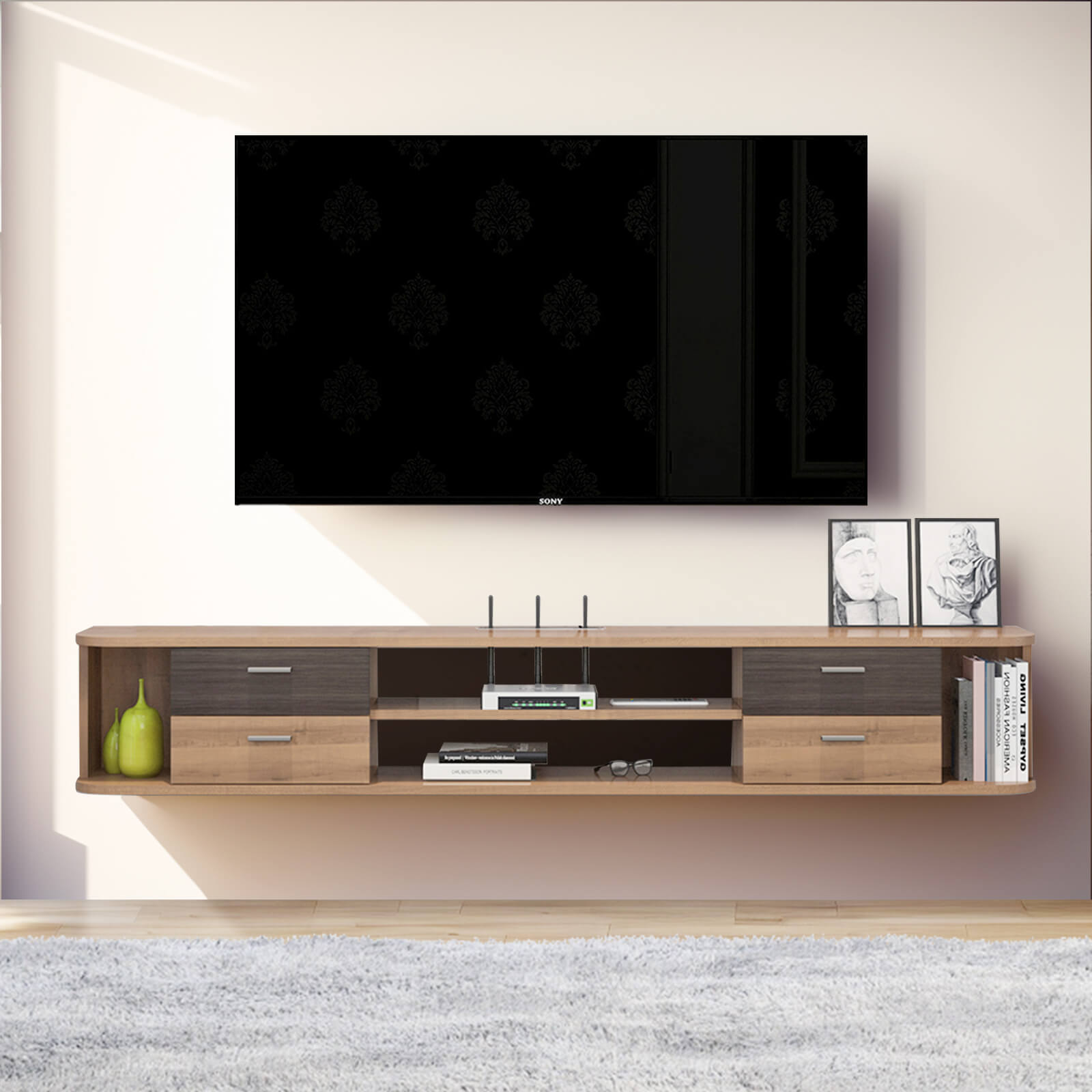 Walnut Plywood Floating TV Shelf with Four Drawers for 55" 60" TVs