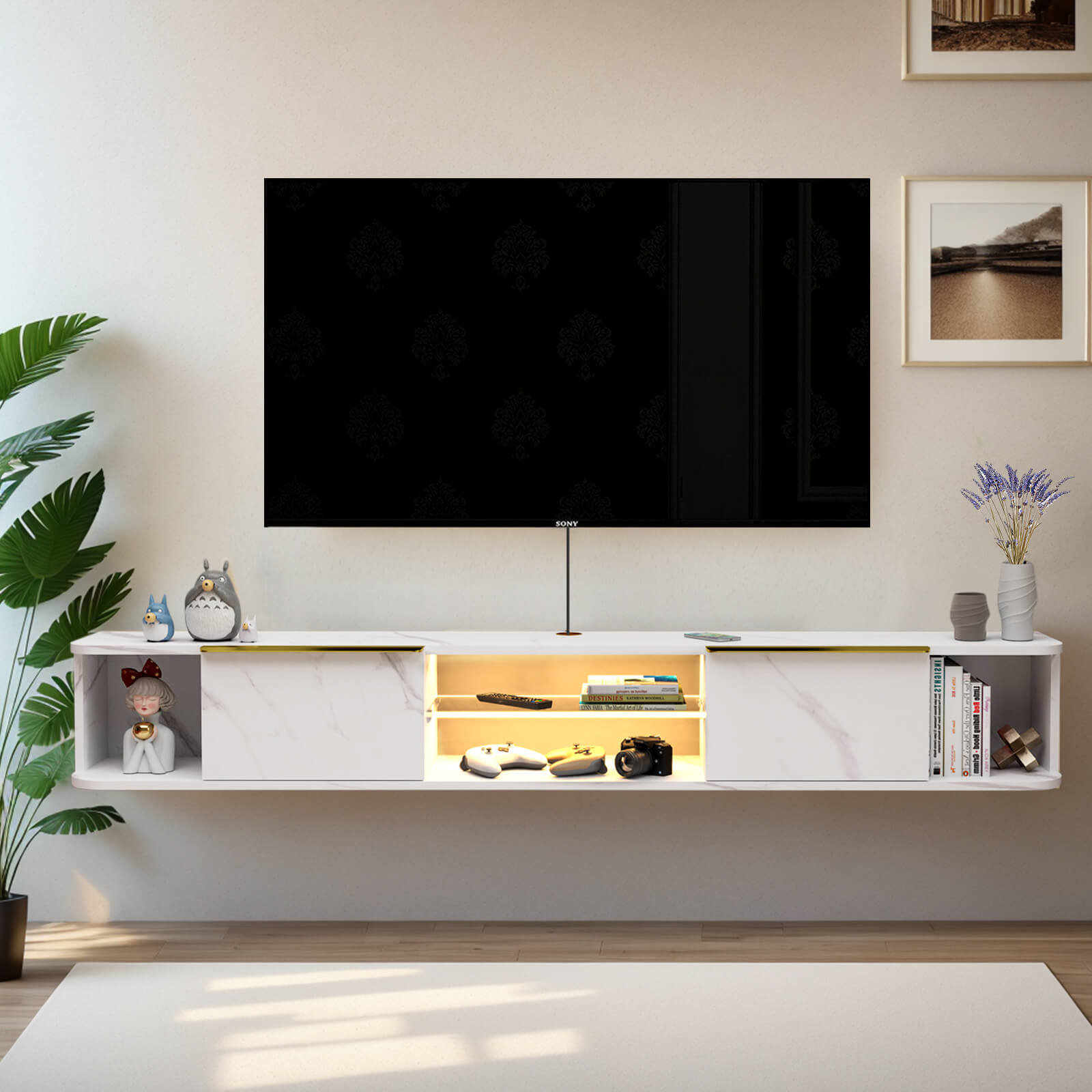 Wood Floating Media Wall Shelf with LED Lights for 65" 70" TVs, White