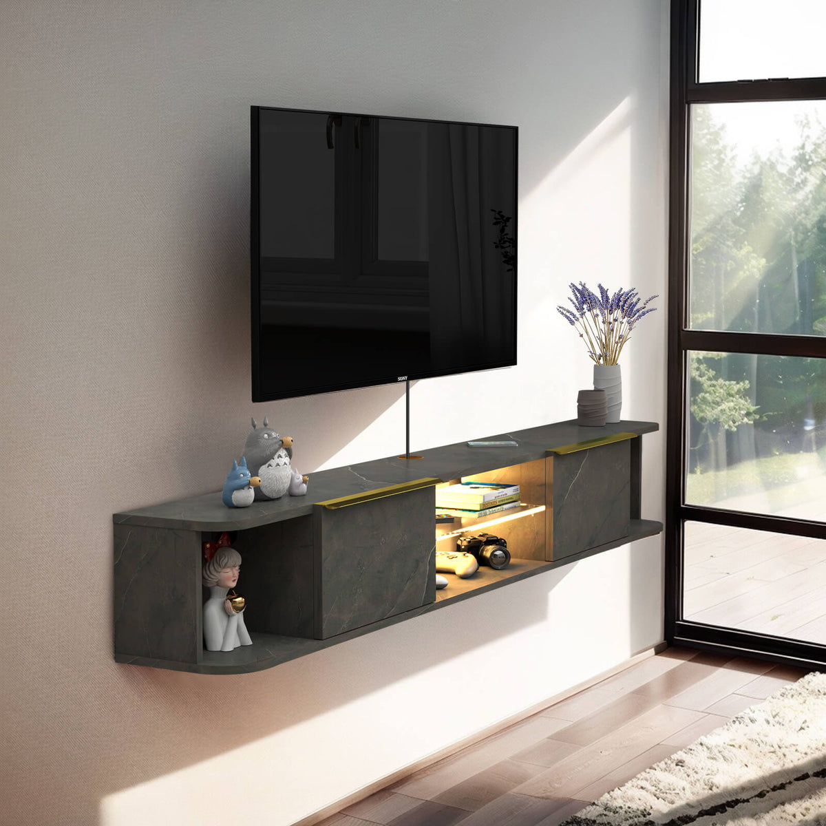 Wood Floating TV Stand for 65" 70" TVs with LED Lights & Shelf, Dark Grey