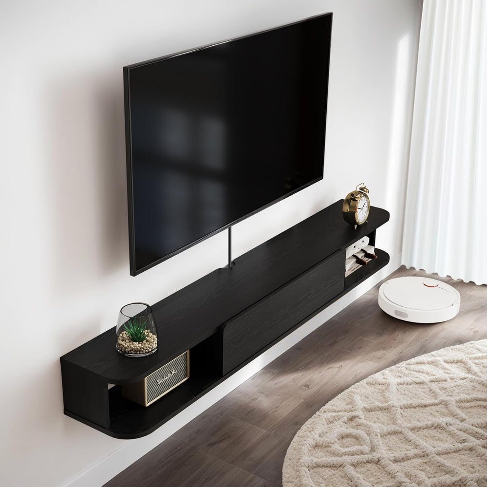 Custom Modern Black Wood Floating TV Stand with Open Shelves & Drawer