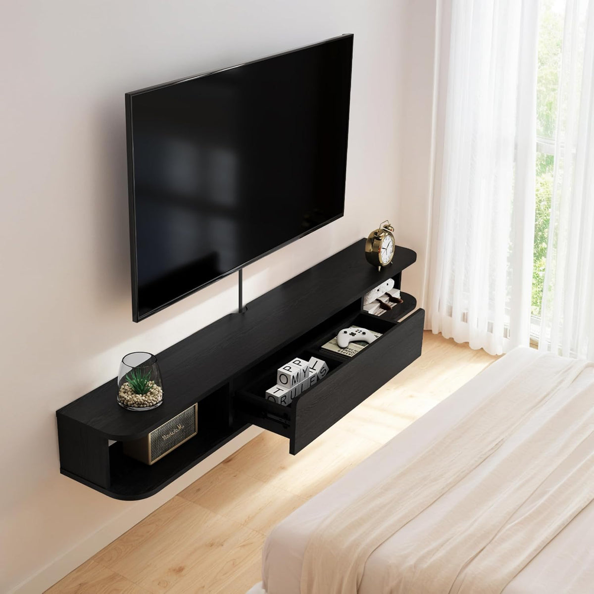 Custom Modern Black Wood Floating TV Stand with Open Shelves & Drawer