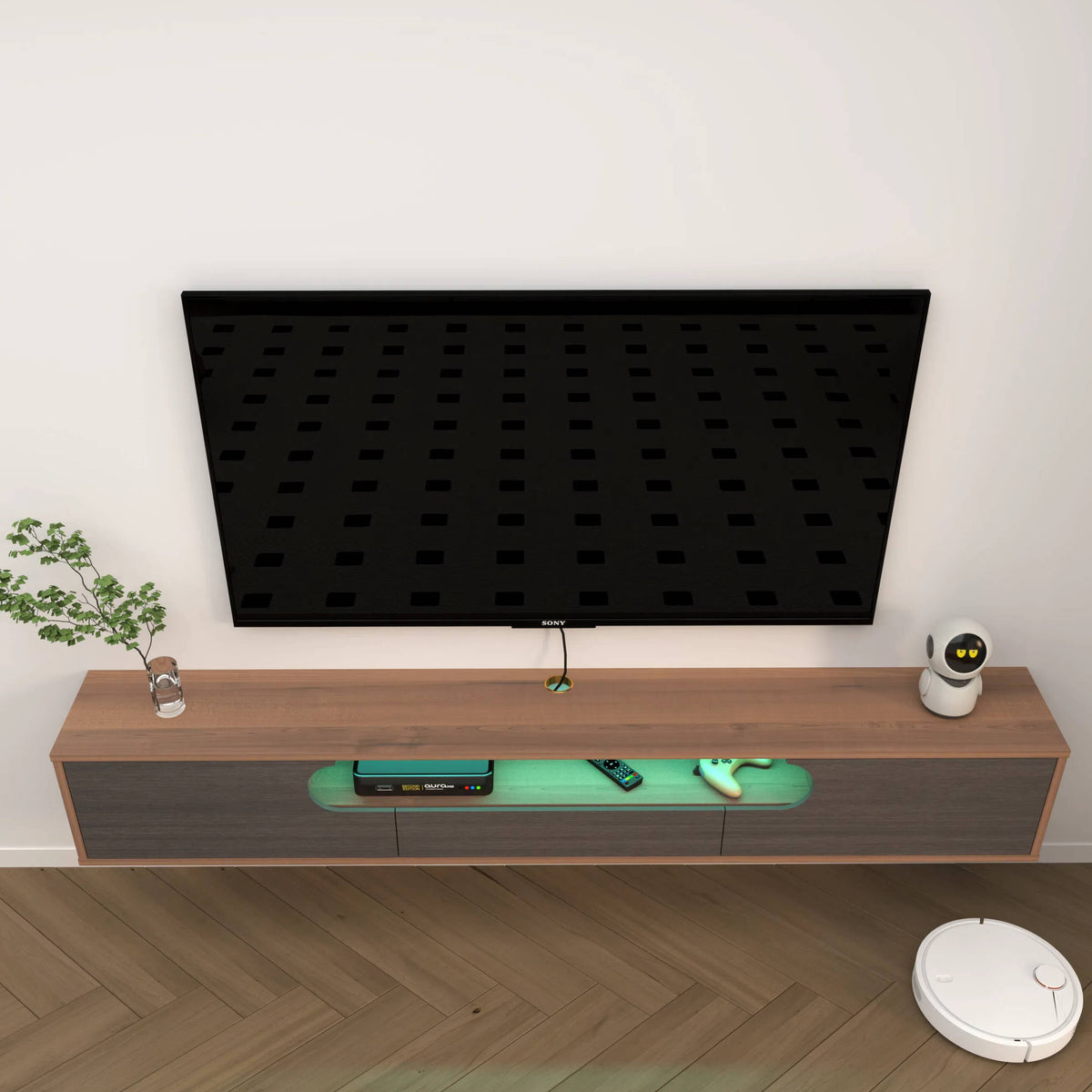 Custom Floating TV Stand Shelf with LED & Drawer for 50-100 Inch TV